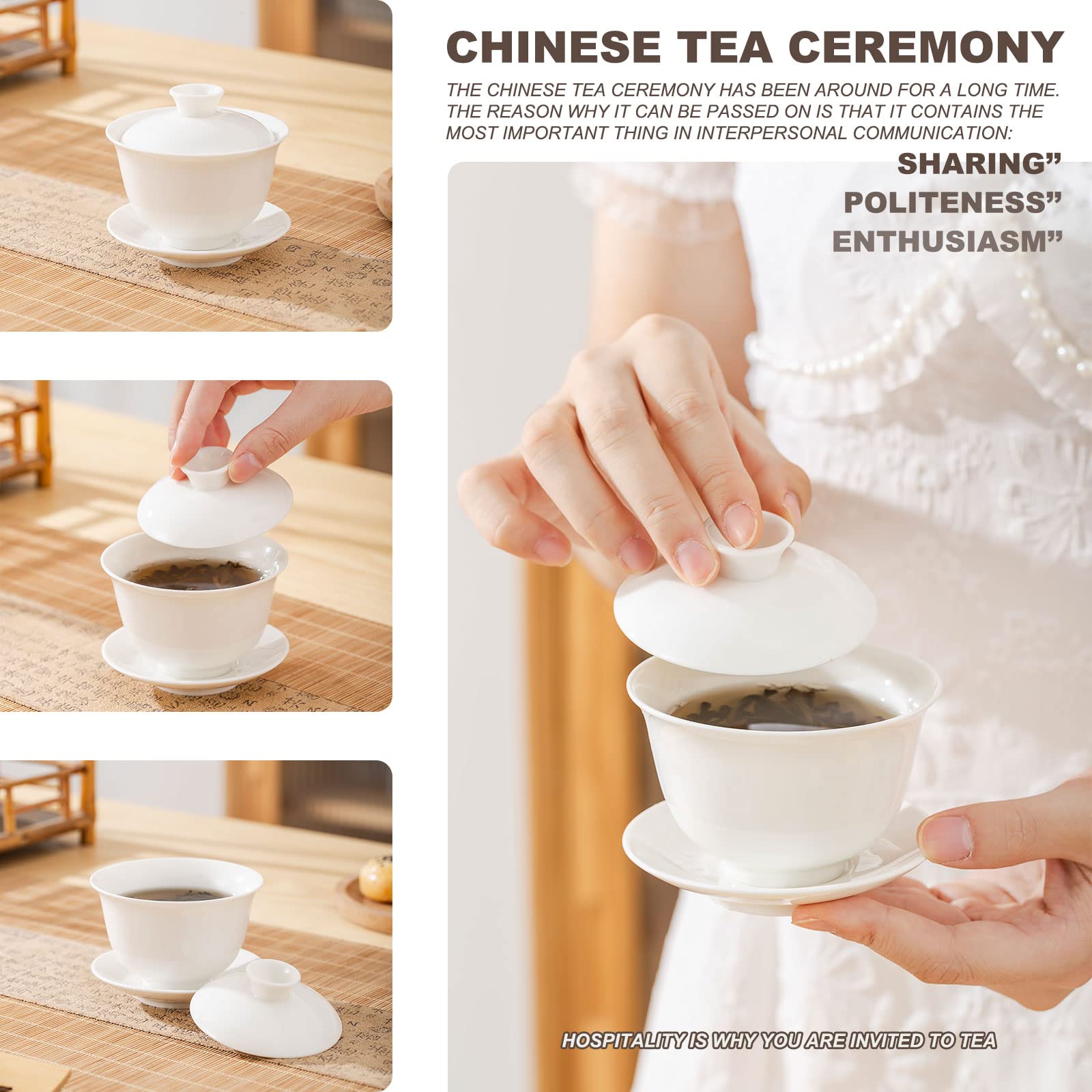 Aroplor China Kung Fu Gaiwan Teacup Traditional White Porcelain Tea Bowl Saucer Set for Brew Kung Fu Tea Porcelain Gift 5.5oz Jingdezhen Drinking Ware