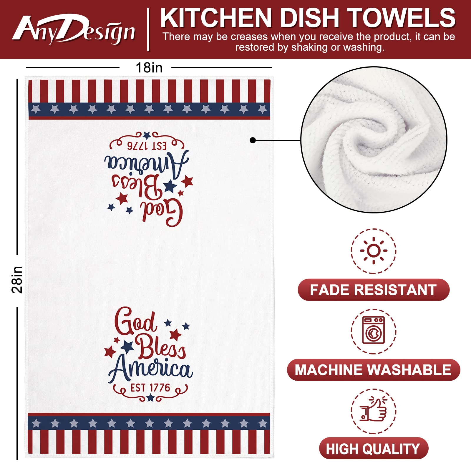 AnyDesign Patriotic Kitchen Dish Towel 18 x 28 4th of July Stars Stripes Dishcloth American Flag Decorative Hand Drying Tea Towel for Independence Day Memorial Day Cooking Baking, 4Pcs