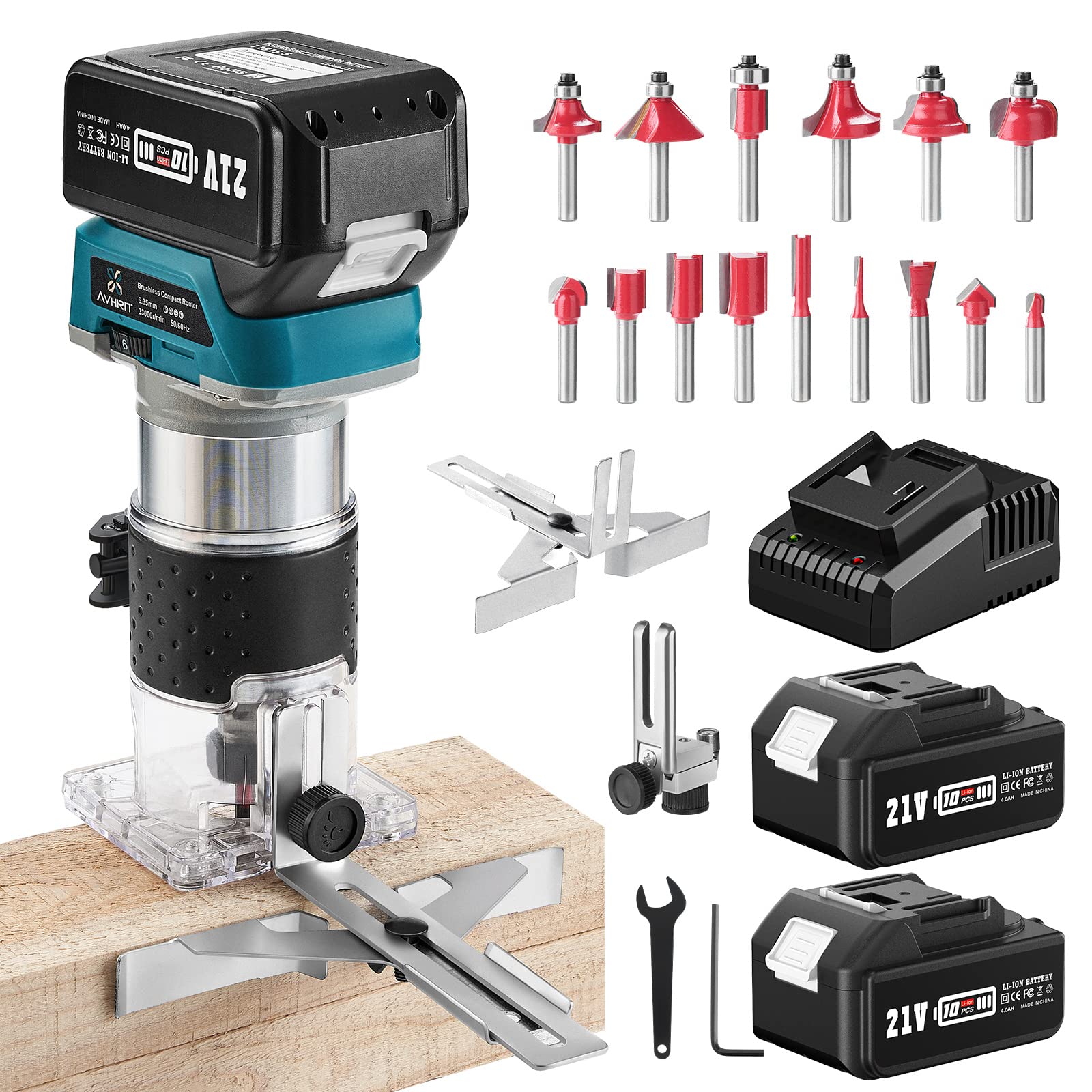 Avhrit Cordless Compact Router, Wood Router Tool With 2PCS 4.0Ah Batteries, 21V Brushless Portable Handheld Palm Routers for Woodworking, Wood Trimmer Cutting with 15 pieces 1/4" Router Bits Set