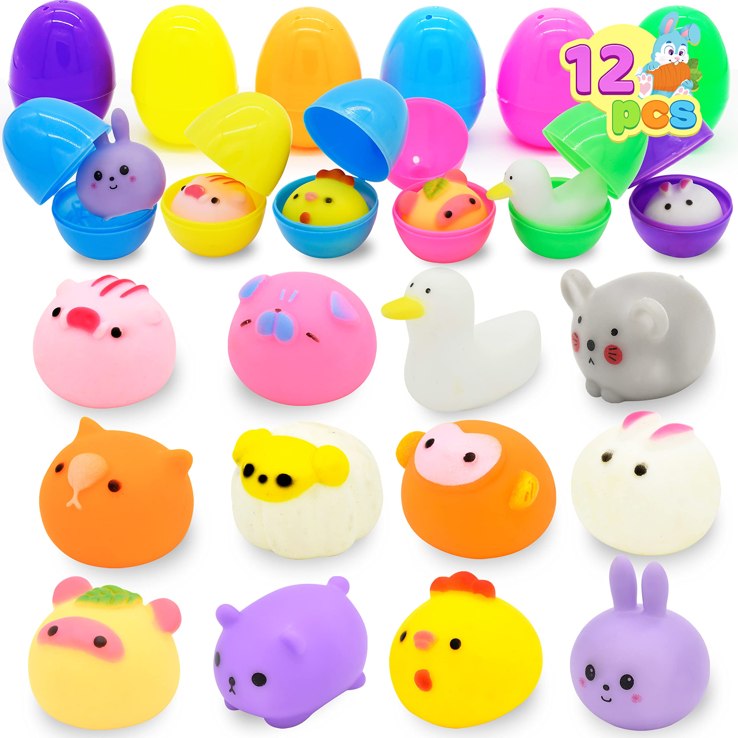 JOYIN 12 Pcs Pre-Filled Easter Eggs with Assorted Bath Toys for Kids Including Duck,Monkey,Rabbit,Animal Bath Toys Filled Eggs,Easter Eggs Hunt, Easter Basket Stuffers, Easter Eggs Fillers