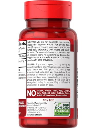 Apple Cider Vinegar Capsules | 1200mg | 60 Pills | Quick Release | Non-GMO & Gluten Free Supplement | by Nature's Truth