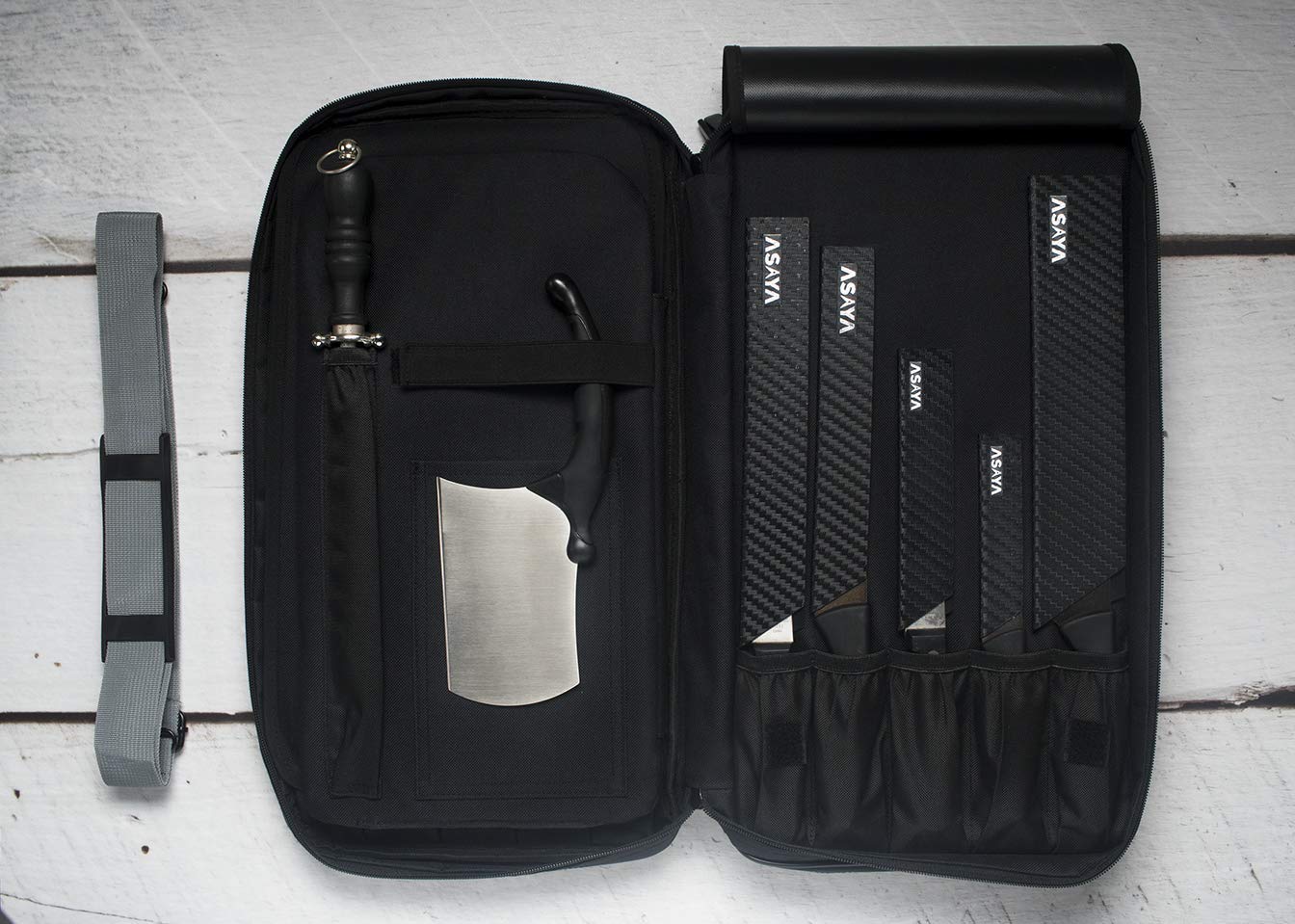 Asaya Chef Knife Bag - 28 Pockets for Knives and Kitchen Utensils - Durable Ballistic Nylon, Black Stainless Steel Hardware, Card Holder and Adjustable Shoulder Strap - Knifes not Included