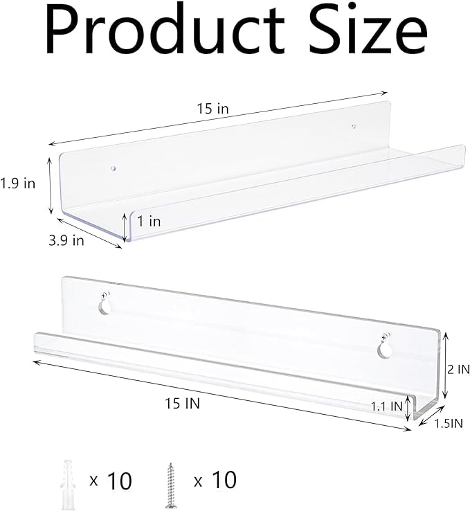 BYCY Acrylic Floating Shelves for Wall Decor Storage Kids Book Display Shelves for Living Room,Clear Floating Shelves Wall Mount for Bedroom, Bathroom, Kitchen,Office (2In+4In 4Pack)