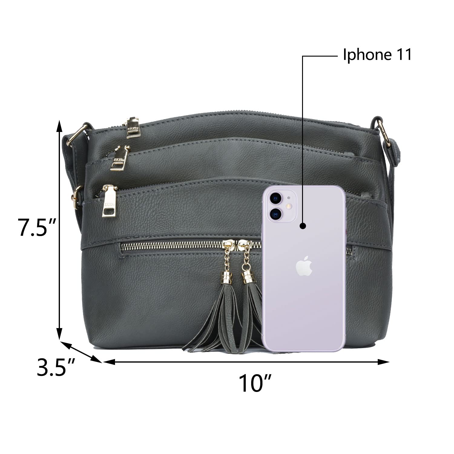 KKXIU Multiple pocket Fashion Leather Crossbody Bags for Women and Ladies Shoulder Purses with Tassel (Grey)
