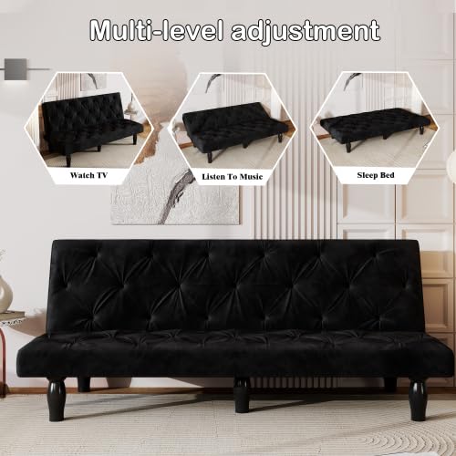 Anwickmak Velvet Convertible Futon Sofa Bed, Mid Century Green Fabric Couch, Sleeper Loveseat with Golden Metal Legs, Couches for Small Spaces (Black)