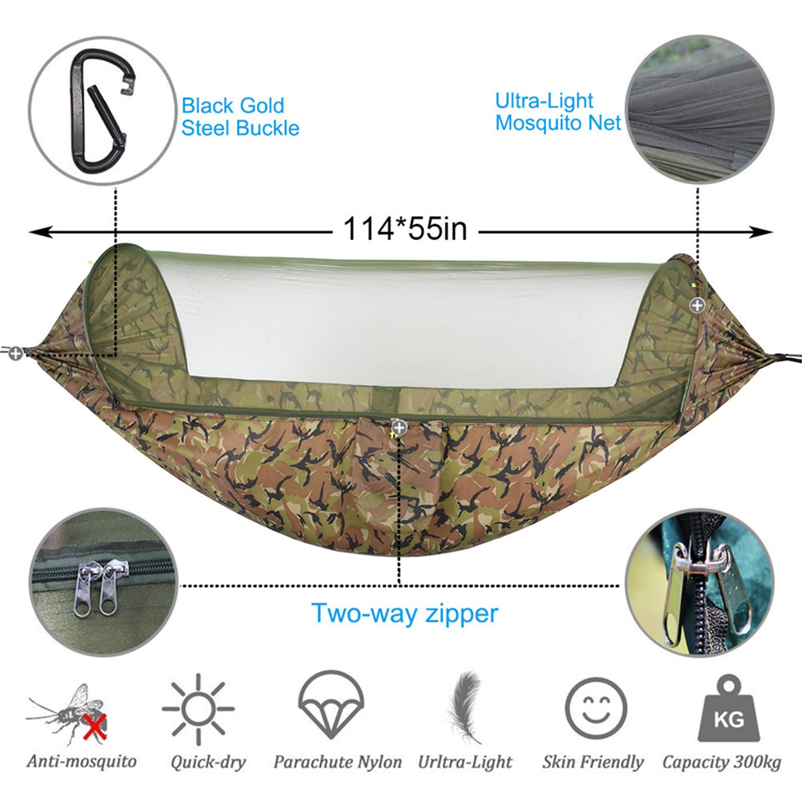 AMZQJD Camping Hammock with Automatic Pop-up Mosquito Net, Portable Single & Double Hammock with Tree Straps, Carabiners and Storage Bag for Outdoor, Travel, Hiking(Camouflage)