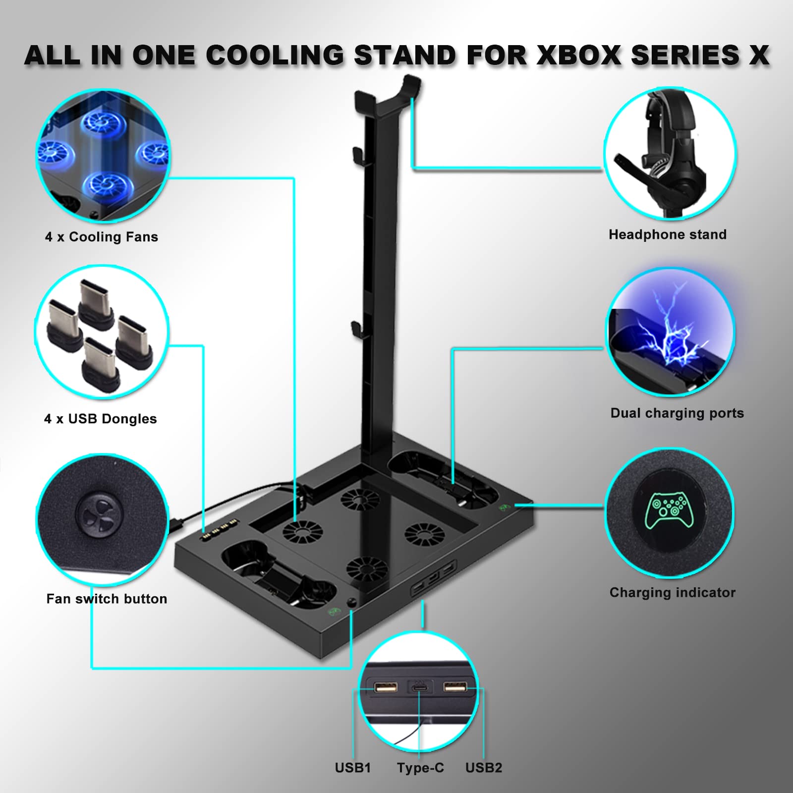 arVin Cooling Fan for Xbox Series X Console Vertical Cooling Stand with 4 High Speed Cooler Fan, Dual Controller Charging Station, 2x1400mAh Rechargeable Battery Pack, Headset Stand & 4 Type C Adapter