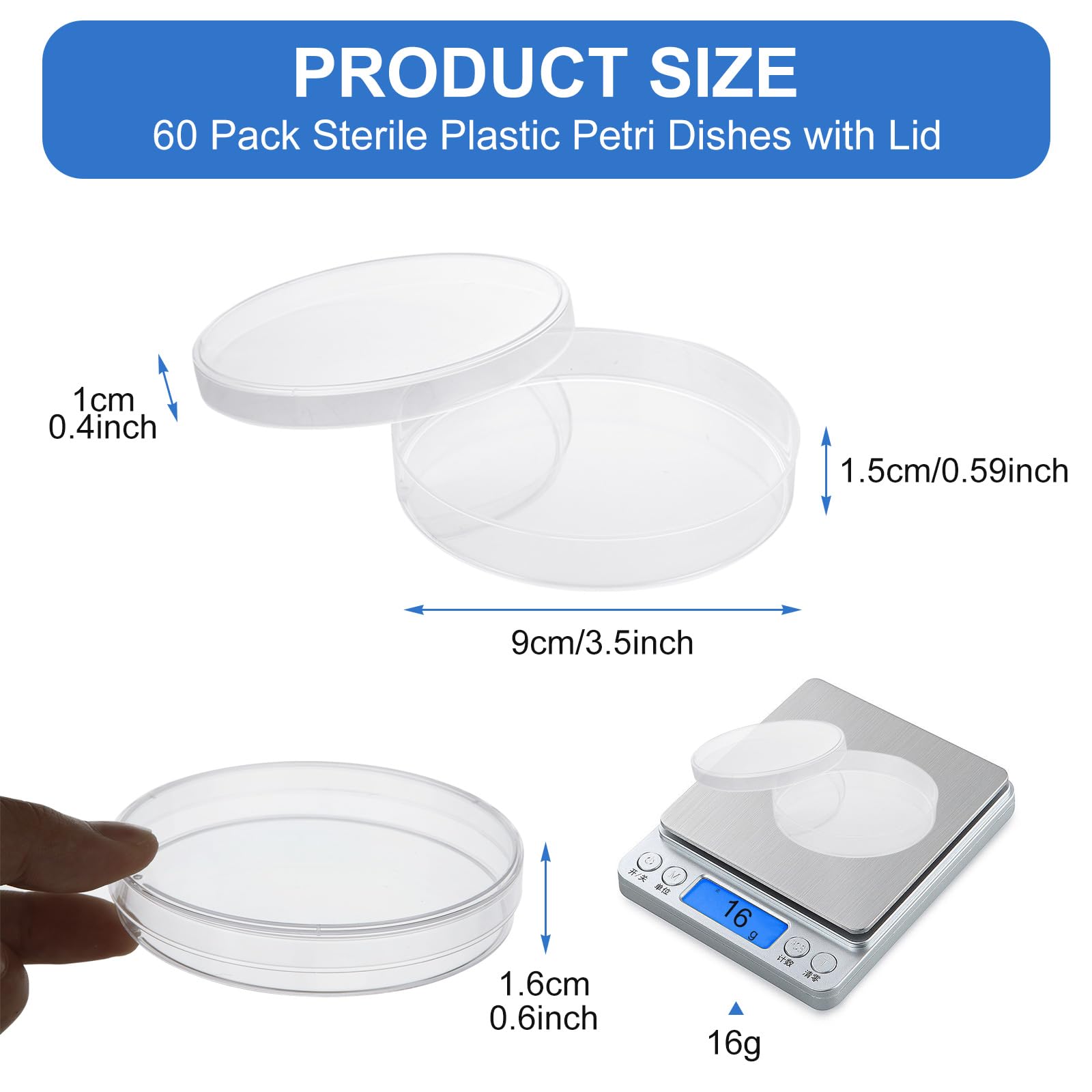 WOPPLXY 60 Pack Sterile Plastic Petri Dishes with Lid, 90mm Dia x 15mm Deep, Lab Petri Plate Dish for Lab Analysis, School Projects, Blood Samples, Plant & Seed Cultivation Cell-Culture Petri Dish