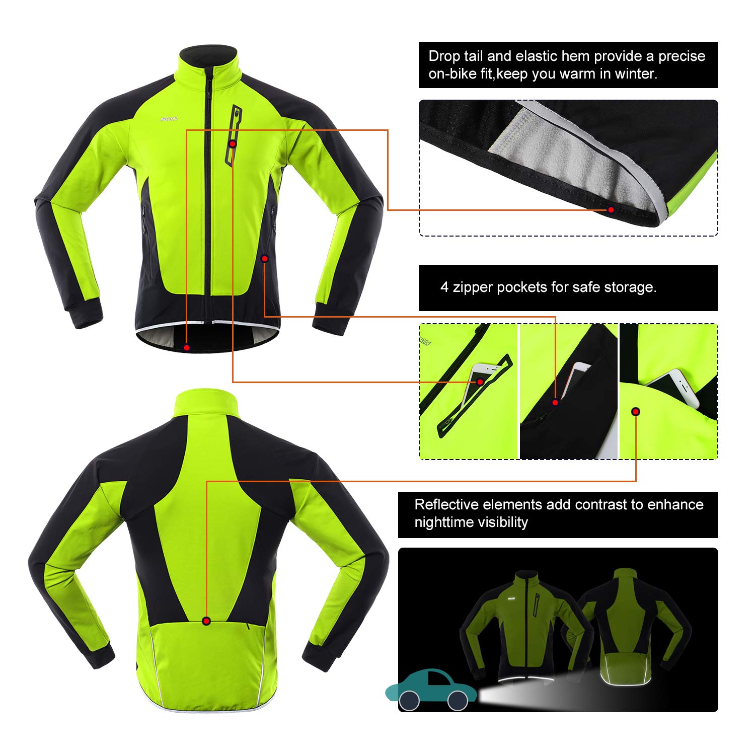 ARSUXEO Men's Winter Cycling Jacket Thermal Fleece Softshell Mountain Bike Outwear Windproof Waterproof 20B Green Size Large