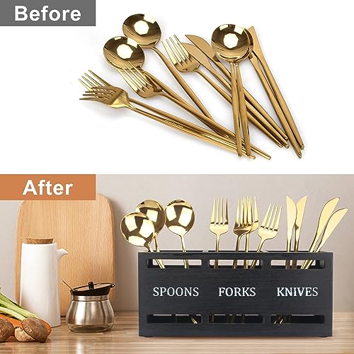 Ayiaren Wooden Silverware Caddies Flatware Cutlery Holder Wood Silverware Organizer Storage Containers Black Kitchen Utensils Holder for Countertop Spoon and Fork Holder Flatware Utensil Caddy