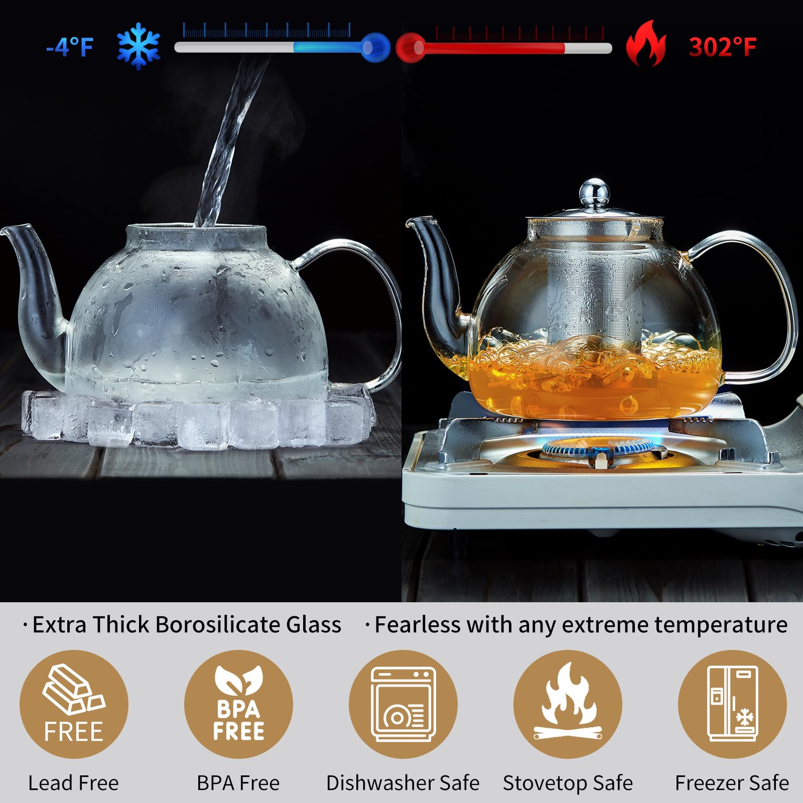 DOPUDO 40OZ (1200ML) Glass Teapot Tea Pot With Infuser, Glass Kettle For Stove Top, Tea Glass Pot, Glass Tea Cup With Infuser And Lid For Loose Leaf Tea Steeper, Microwave Dishwasher Safe