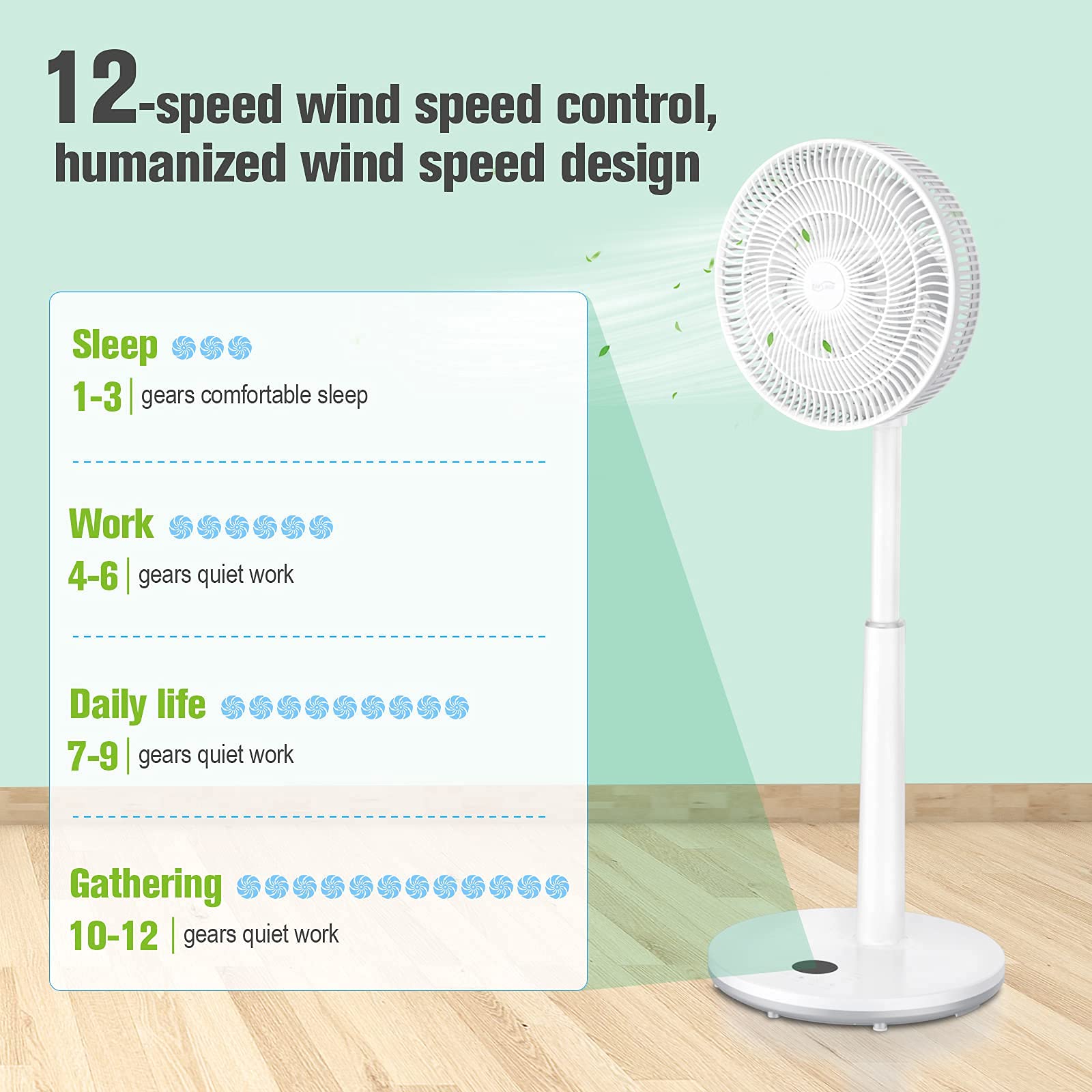 Housmile Oscillating Fan, 12 inch Quiet Standing Fan, Adjustable Height 3 Wind Modes 12 Speed and 9-Hour Timer Floor Fan with Remote, Pedestal Fan for Home Bedroom