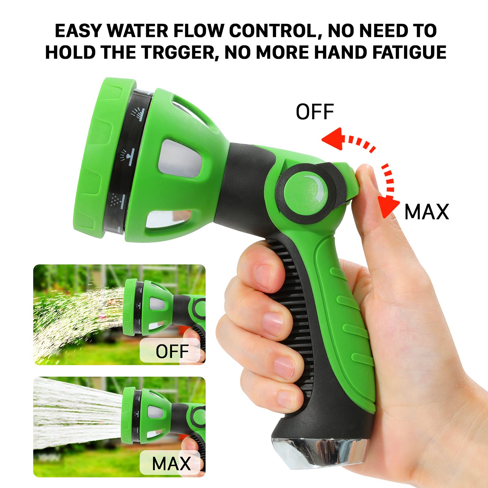 Garden Hose Nozzle, 10 Patterns Metal Water Hose Nozzle Heavy Duty Hose Spray Nozzle with Thumb Control for Watering Lawns,Car Washing,Bathing Pets Green