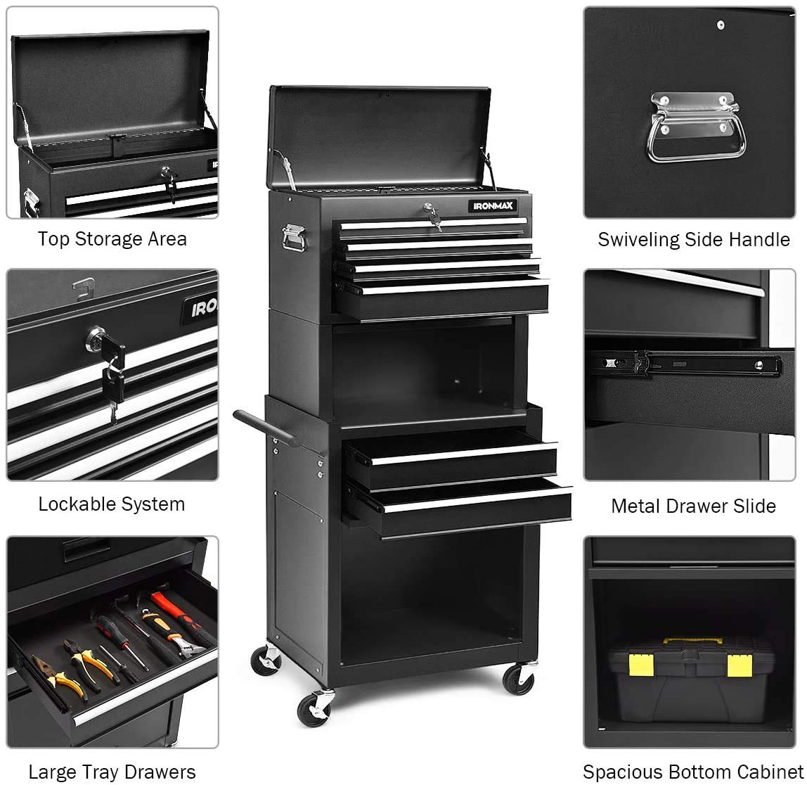 ARLIME 6-Drawer Rolling Tool Chest, Tool Storage Cabinet W/ Sliding Drawers, Detachable Top Box & Locking System, Removable Toolbox Organizer for Garage & Warehouse (Black)