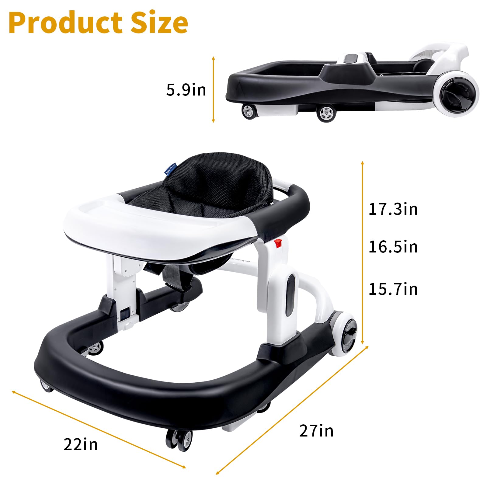 Baby Walker with Wheels, Activity Center with Mute Wheels Anti-Rollover, Learning-Seated, Walk-Behind, Height Adjustable Foldable Baby Walkers for Boys and Girls from 6-18 Months with Footrest…