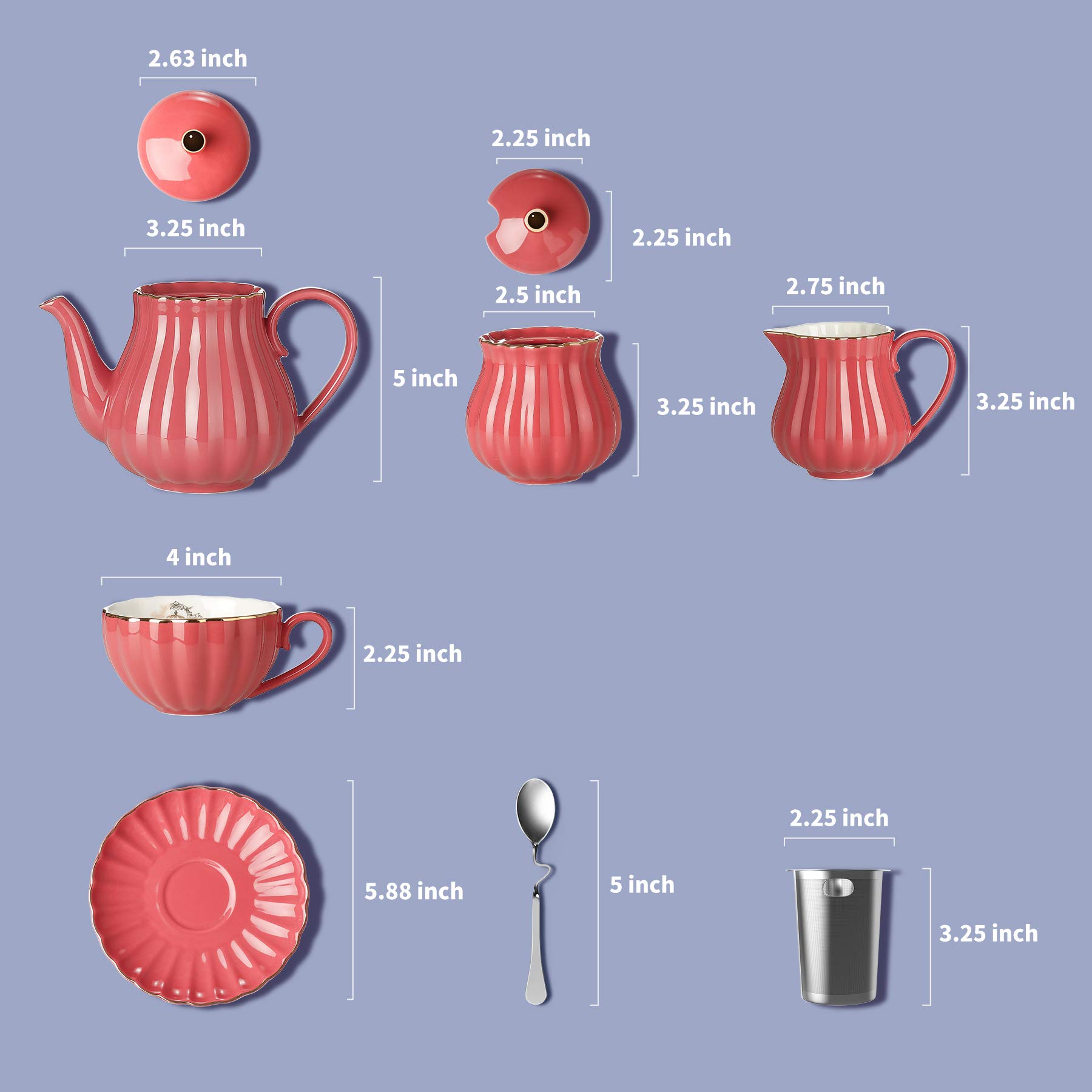 Amazingware Porcelain Tea Set - Tea Cup and Saucer Set Service for 6, with 28 ounces Teapot Sugar Bowl Cream Pitcher Teaspoons and Tea Strainer - for Thanksgiving - Pumpkin Fluted Shape, Red