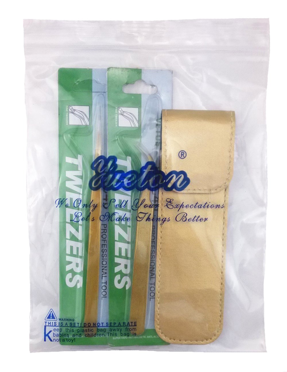 yueton 2pcs Gold Color Coated Stainless Steel Straight and Curved Head Tweezers with Leather Case for Eyelash Extension