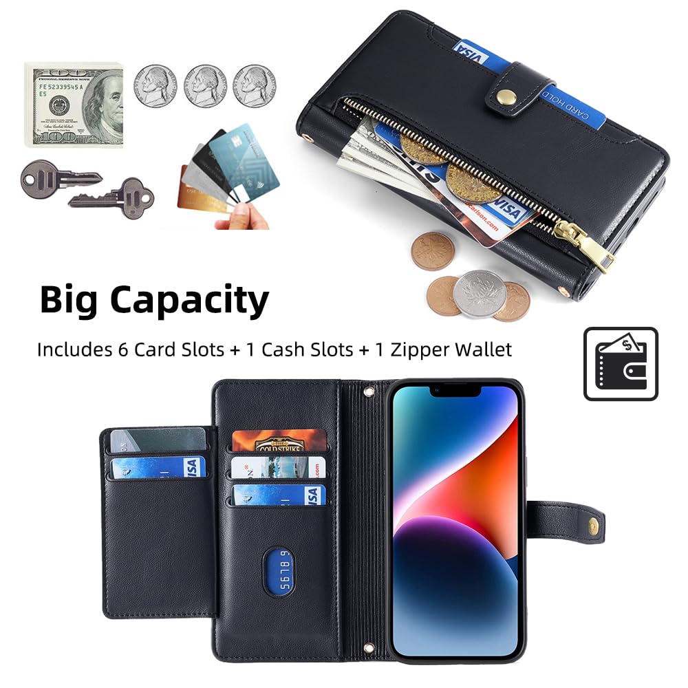 Arseaiy Wallet Case for OPPO Realme X50 Pro Flip Phone Case with Crossbody Strap Magnetic Handbag Zipper Pocket PU Leather Shockproof with Kickstand Phone Shell Black
