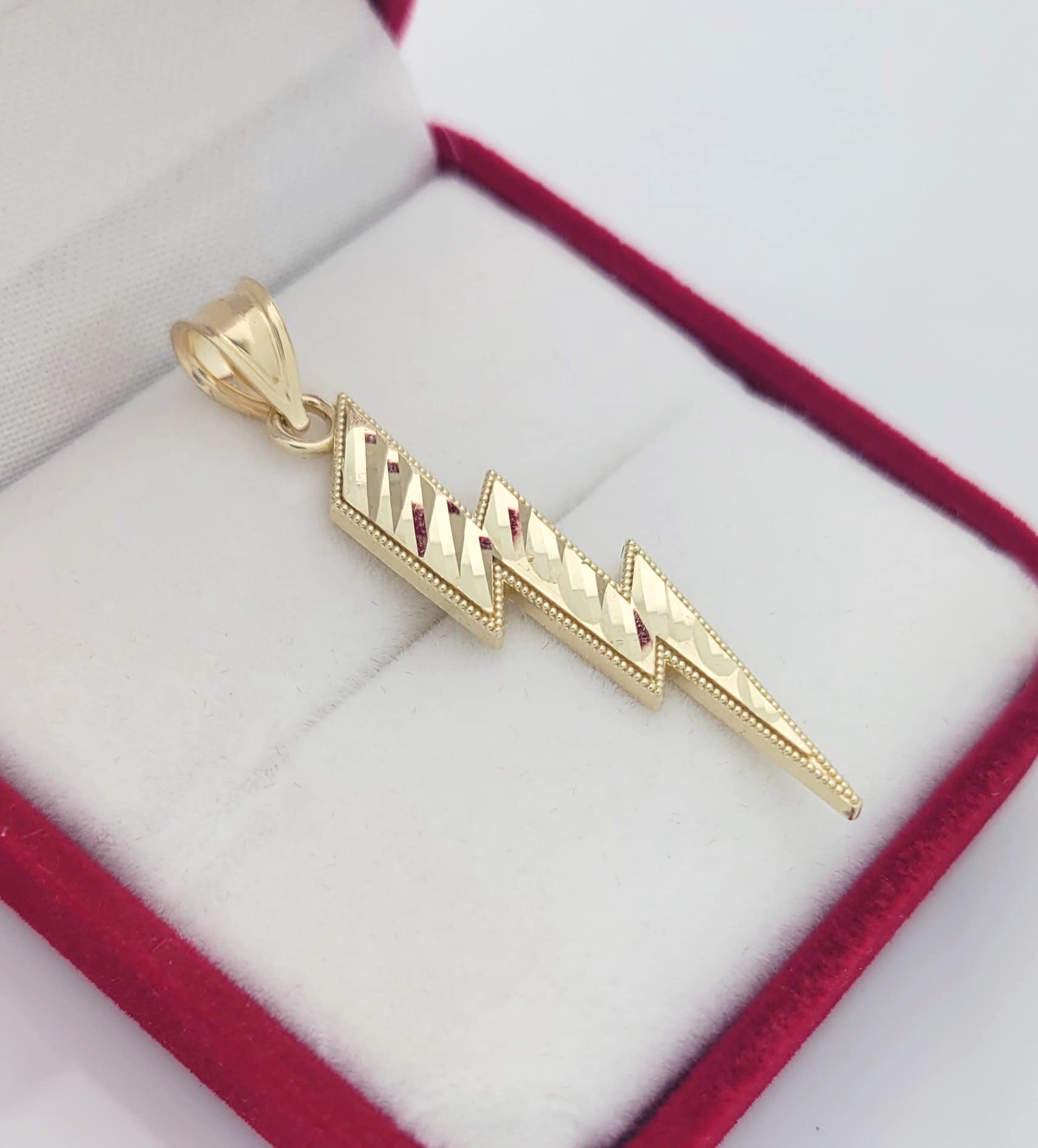 AMZ Jewelry Solid 10K Yellow Gold Lightning Bolt Necklace Pendant Diamond Cut 1.7 inch
