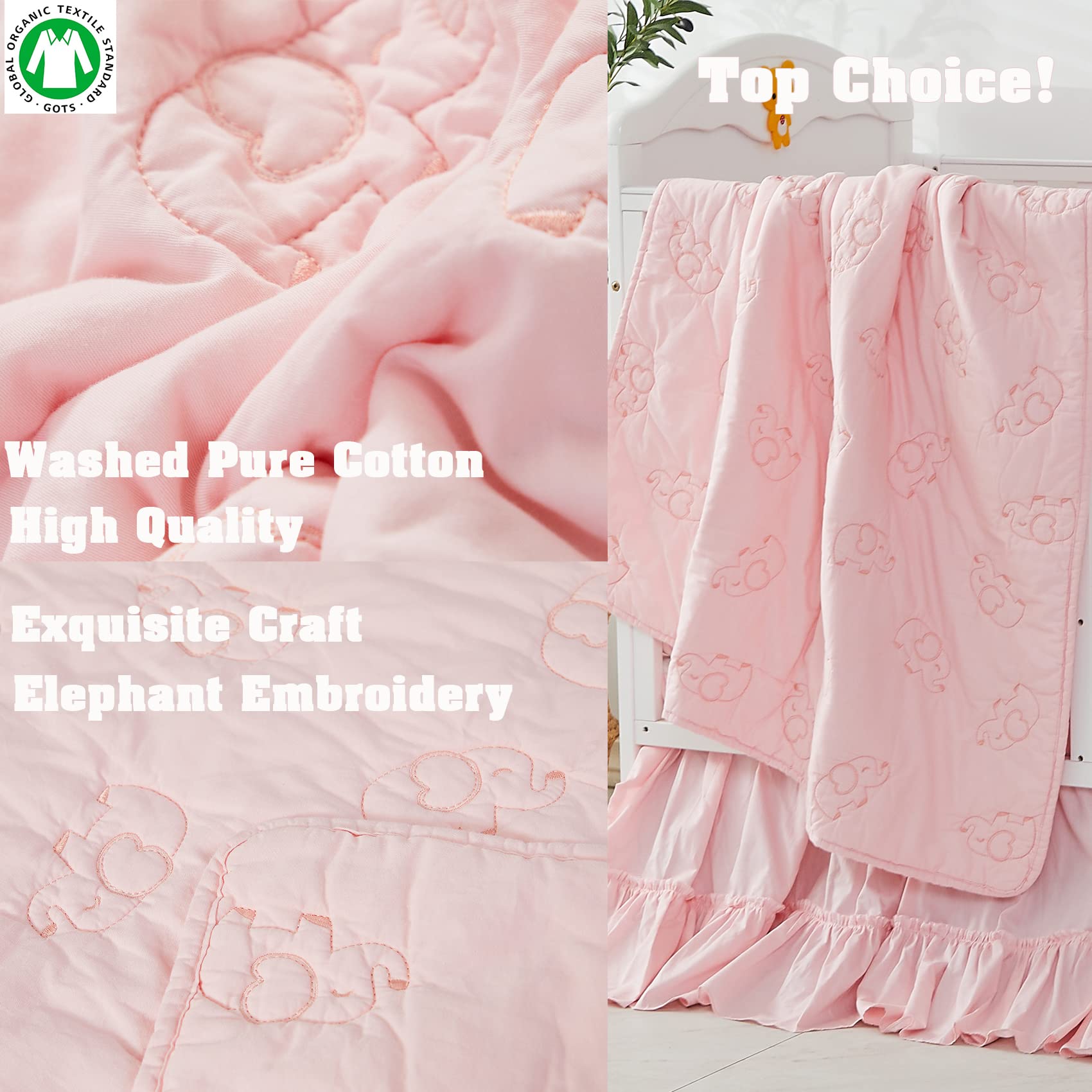 Brandream Crib Bedding Set for Girls Nursery Bedding with Elephant Embroidered Cotton Chic Pink Baby Girl Bedding Crib Set, 6 Pieces