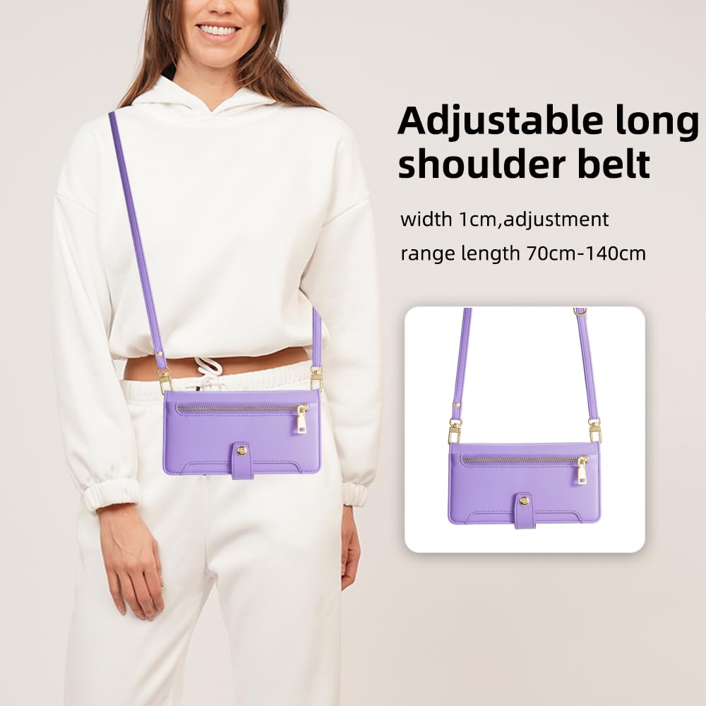 Arseaiy Wallet Case for iPhone 15 Pro Max Flip Phone Case with Adjustable Crossbody Strap Magnetic Handbag Zipper Pocket Cases PU Leather Shockproof Cover with Kickstand Phone Shell Purple