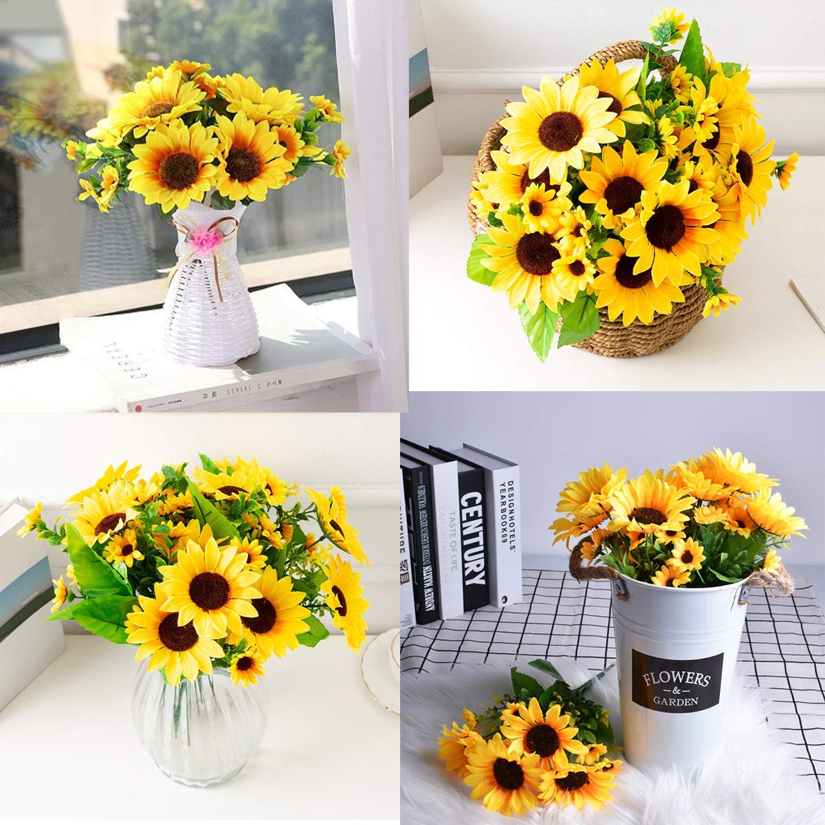 Artificial Sunflower 3 Bouquet | Artificial Flowers Silk Fake Faux Fall Yellow Bulk Flowers for Home Decorations Wedding Table Party Garden Decor