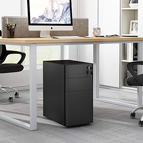 AMISEN File Cabinet，3-Drawer Metal Mobile Filing Cabinets Office Drawer with Lock，Slim Storage Cabinet for Legal/Letter/A4 File, Fully Assembled Including Casters, Black