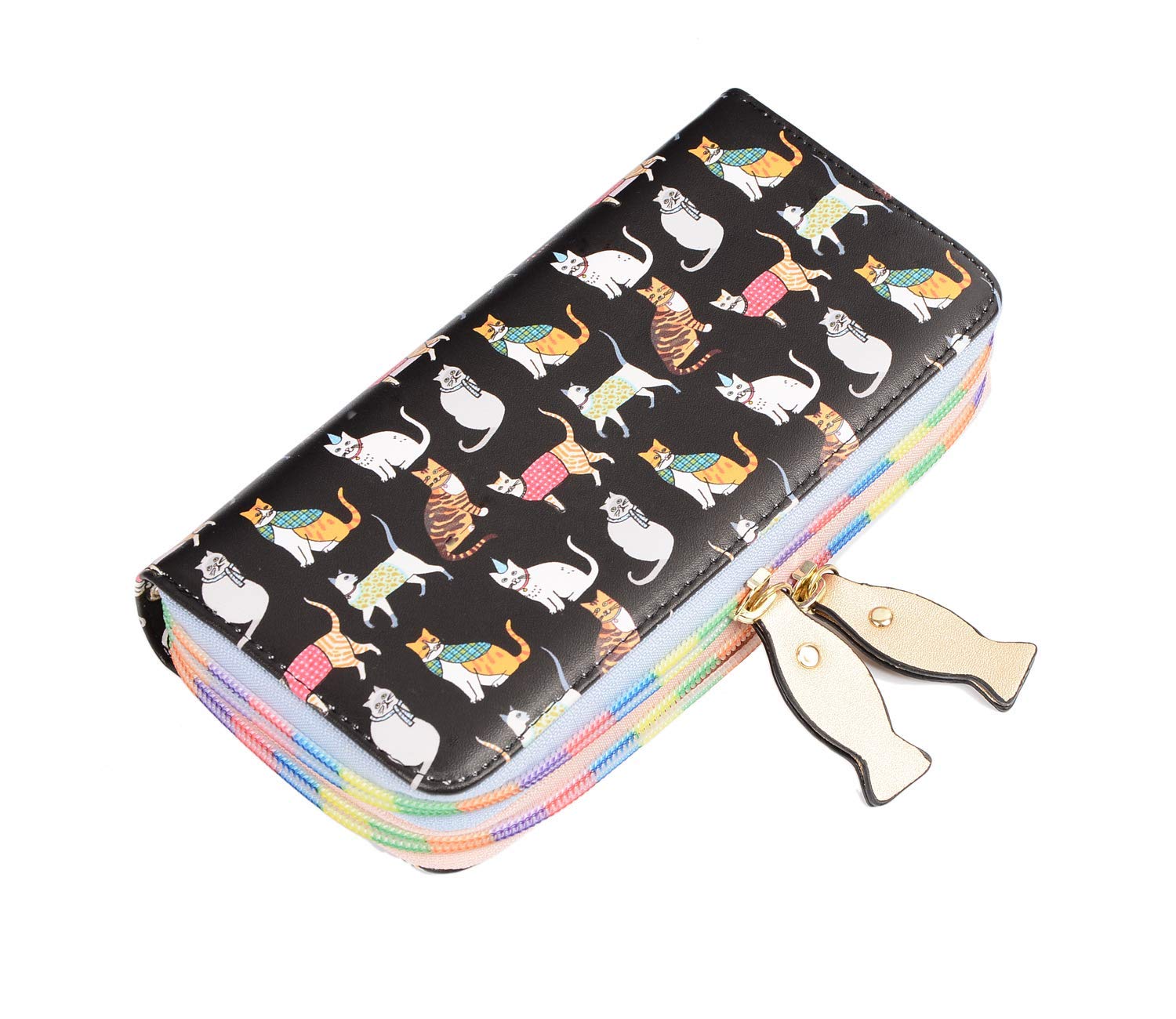Ecohaso Womens Wallet, Large Capacity Cellphone Wallets Cute Cat Pattern, Double Zipper Long Leather Wristlet Clutch Purse