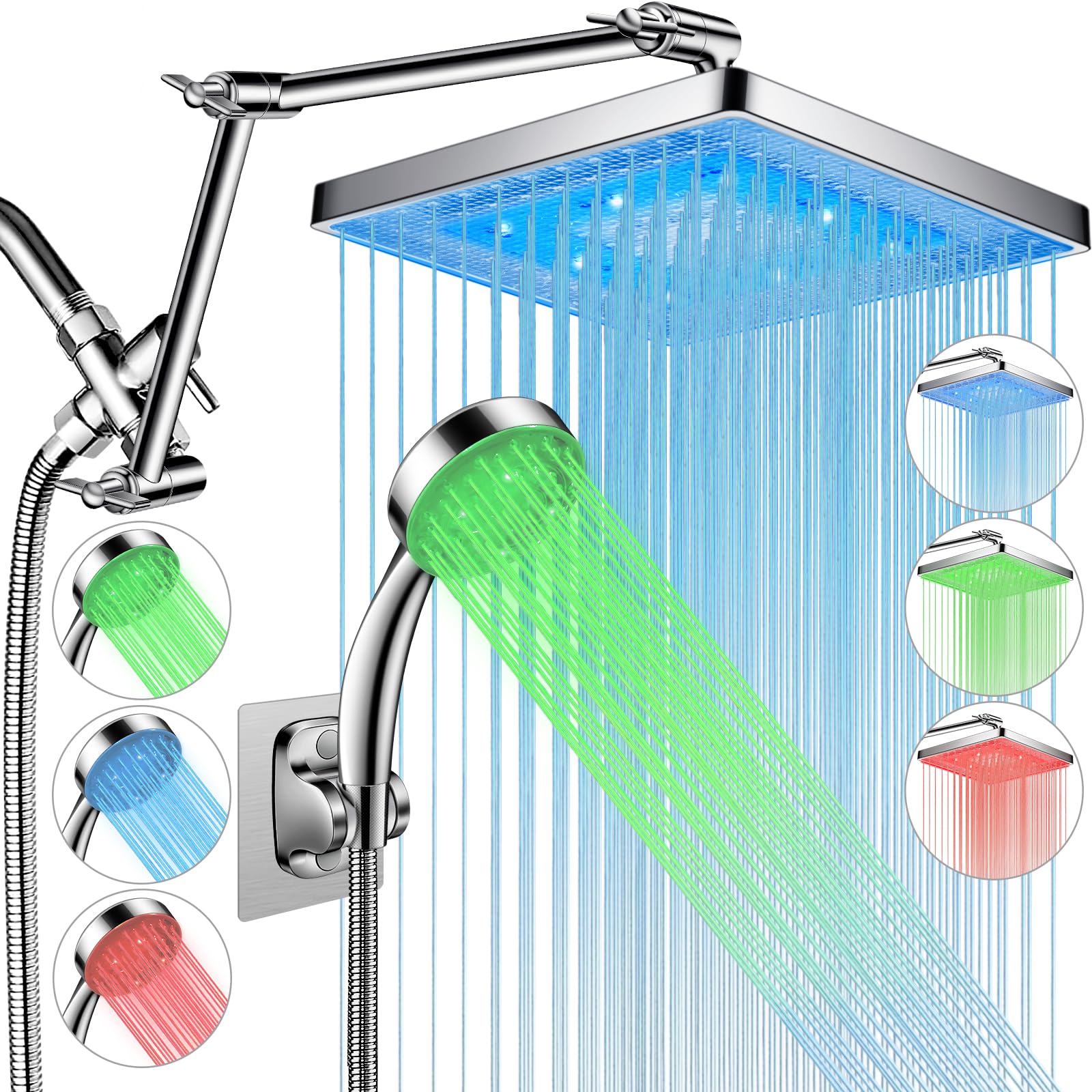 PinWin LED Shower Head, 8'' Large LED Rainfall Shower Head with 16'' Adjustable Upgraded Extension Arm,High Pressure Handheld Spray with LED Color Changing Based on Water Temperature,Easy Installation