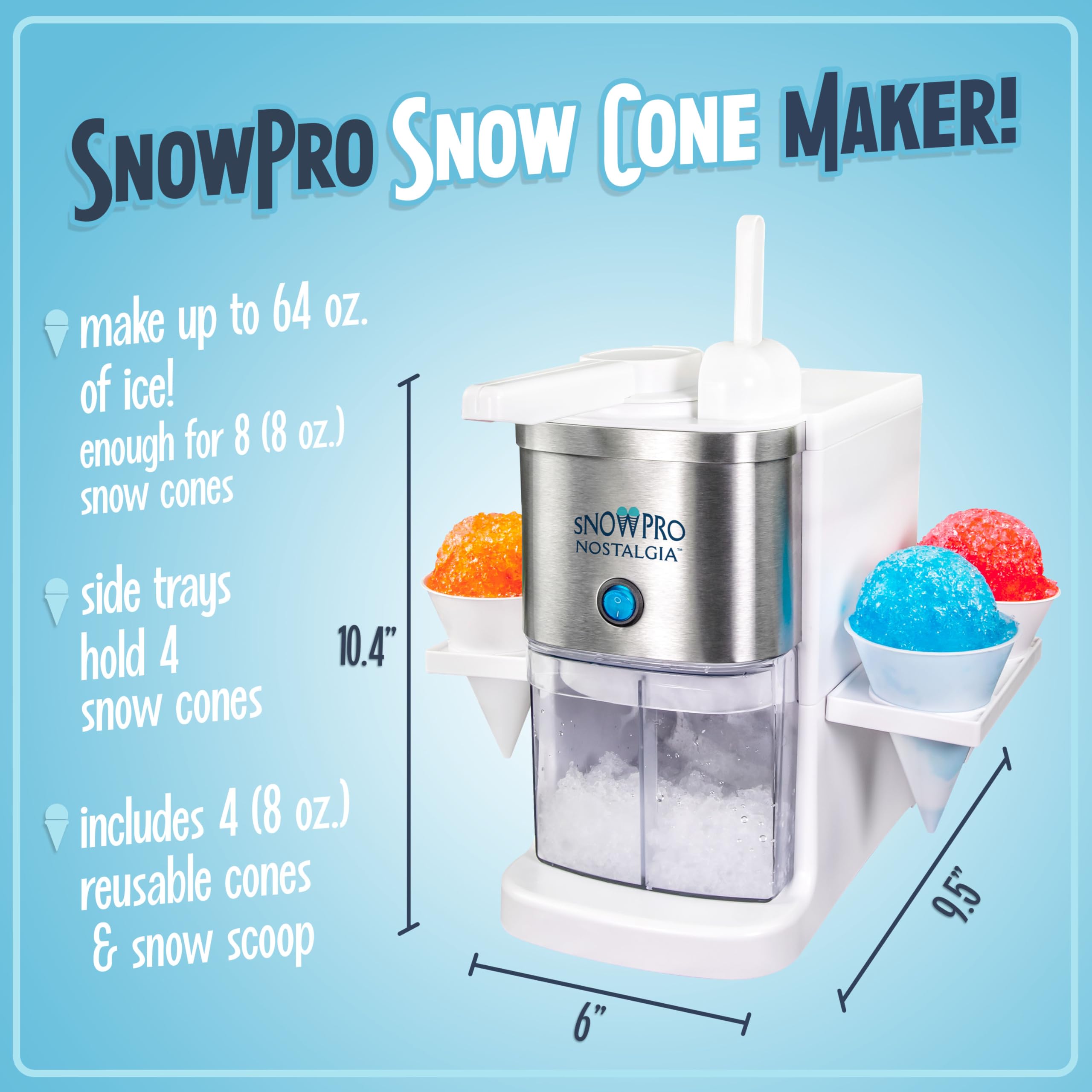 Nostalgia SnowPro Electric Shaved Ice & Snow Cone Maker 64-Ounce Ice Shaving Capacity, 4 Reusable Cones, Side Shelves, and Scoop Included