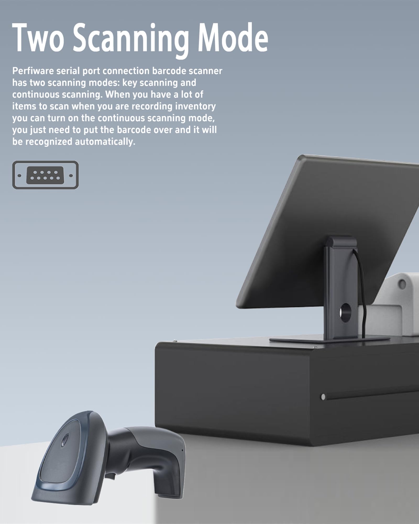 Perfiware HS1000 Barcode Scanner for Cash Register with 𝐒𝐞𝐫𝐢𝐚𝐥 𝐂𝐨𝐧𝐧𝐞𝐜𝐭𝐢𝐨𝐧, DC 2.1 or USB Cable for Power Supply,Serial Port for Data Transmission,𝐒𝐞𝐫𝐢𝐚𝐥 Barcode Scanner