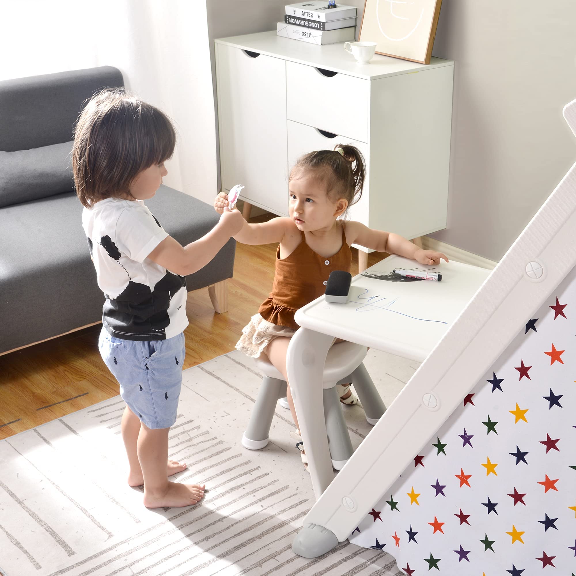 Merax Foldable Triangle Climber, 4-in-1 Kids Hideaway Play Tent with Art Easel, Stool for Toddlers, Climbing Triangle Crawling Tunnel Toy Activity Play Set (White)