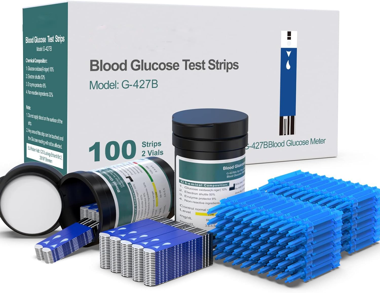 Blood Glucose Test Strips Kit,100 Test Strips and 100 Lancets for G-427B,Blood Test Strips
