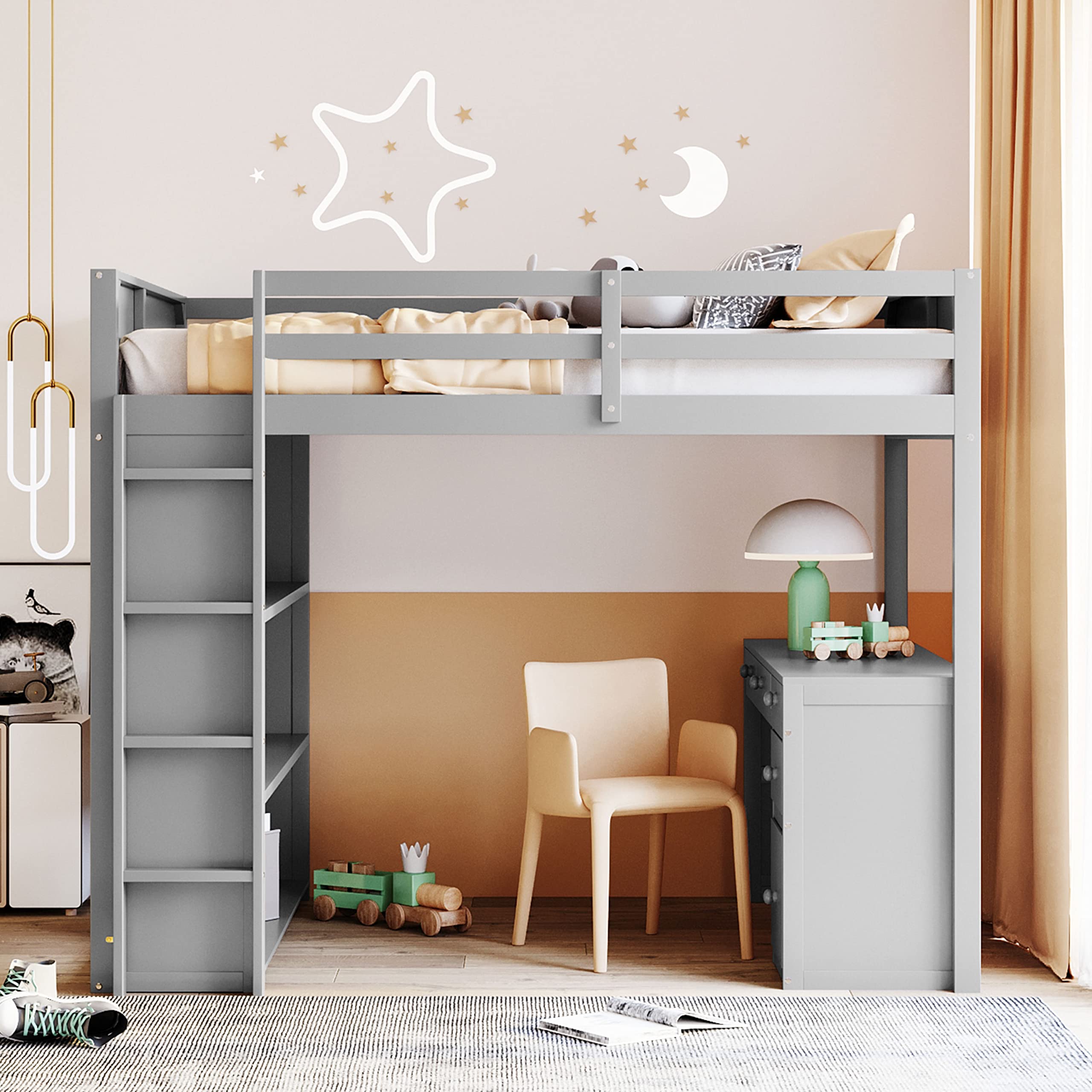 CITYLIGHT Full Loft Bed with Desk and Shelves,Wooden Full Size Loft Bed with Desk and Storage Drawers, Space Saving Loft Bed Full for Kids Girls Boys (Full,Grey)