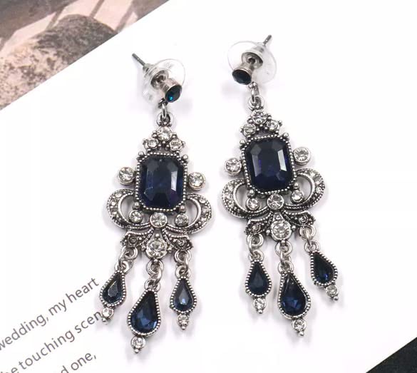 Art Deco Victorian Edwardian Antique Vintage Style Blue Sapphire Rhinestone Long Dangle Wedding Bridal Prom Earrings