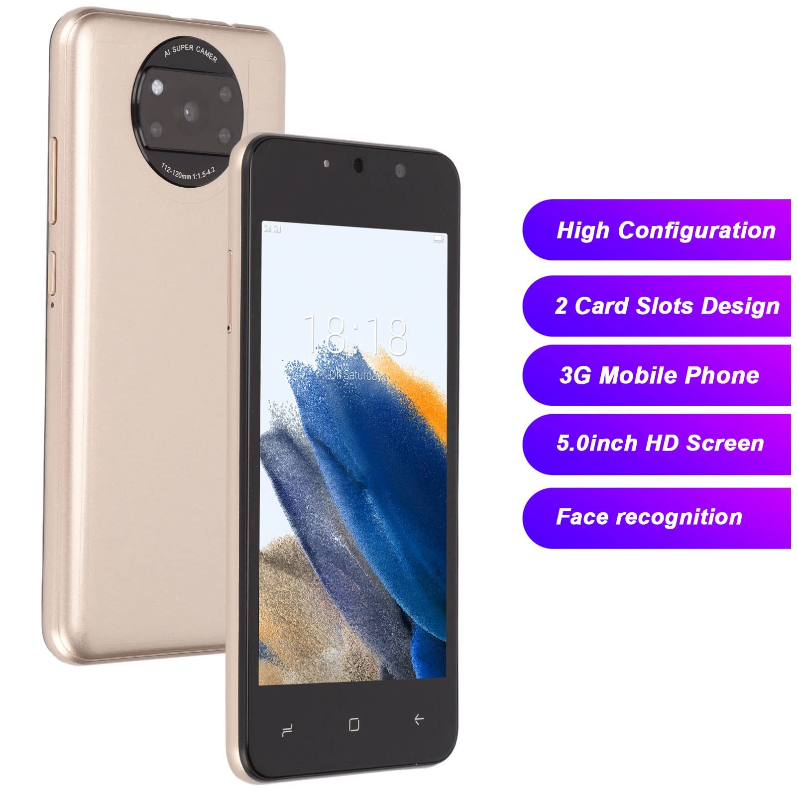 Airshi Unlocked Gold Electronic High Definition Mobile Phone 16GB ROM Face Recognition Dual Card Dual Standby Smart Phone for Home (US Plug)