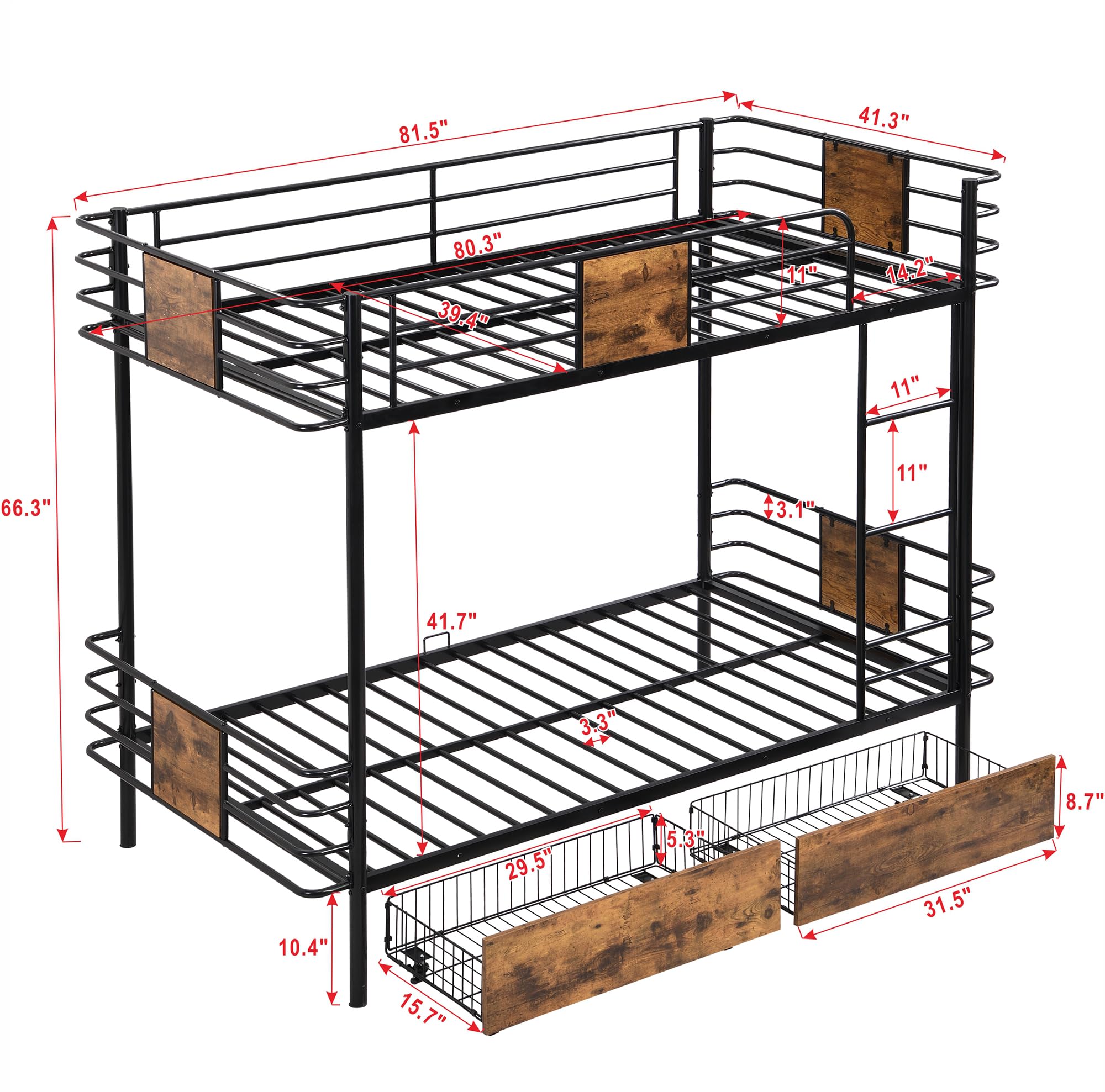 Bunk Bed Twin XL Over Twin XL, Metal Bunk Bed with Storage Drawers and MDF Board Guardrail, Modern Industrial Bunk Bed for Kids Boys Girls Teens, Black