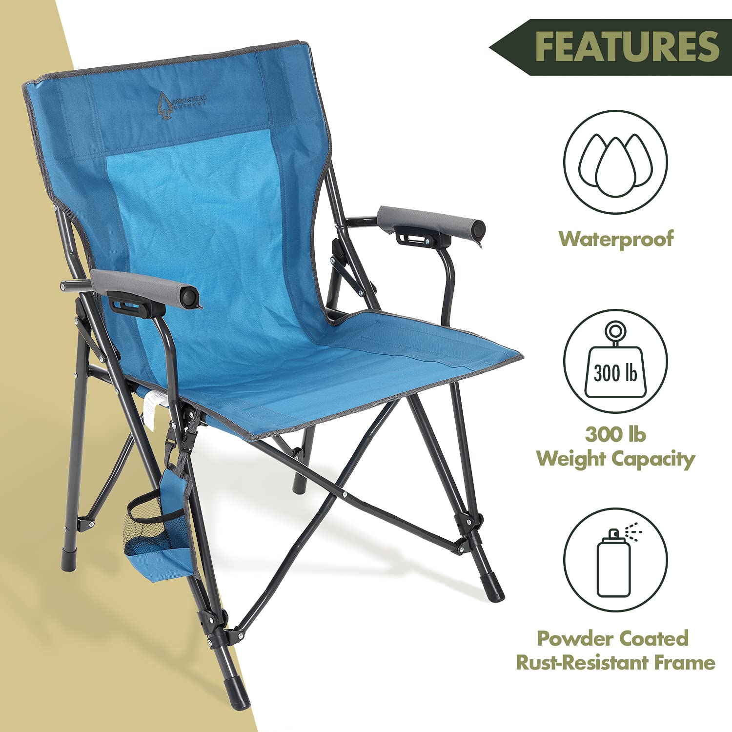 ARROWHEAD OUTDOOR Portable Solid Hard-Arm High-Back Folding Camping Quad Chair, Heavy-Duty Carrying Bag, Cup Holder Included w/Side Pouch, Supports up to 300lbs, USA-Based Support (Blue)