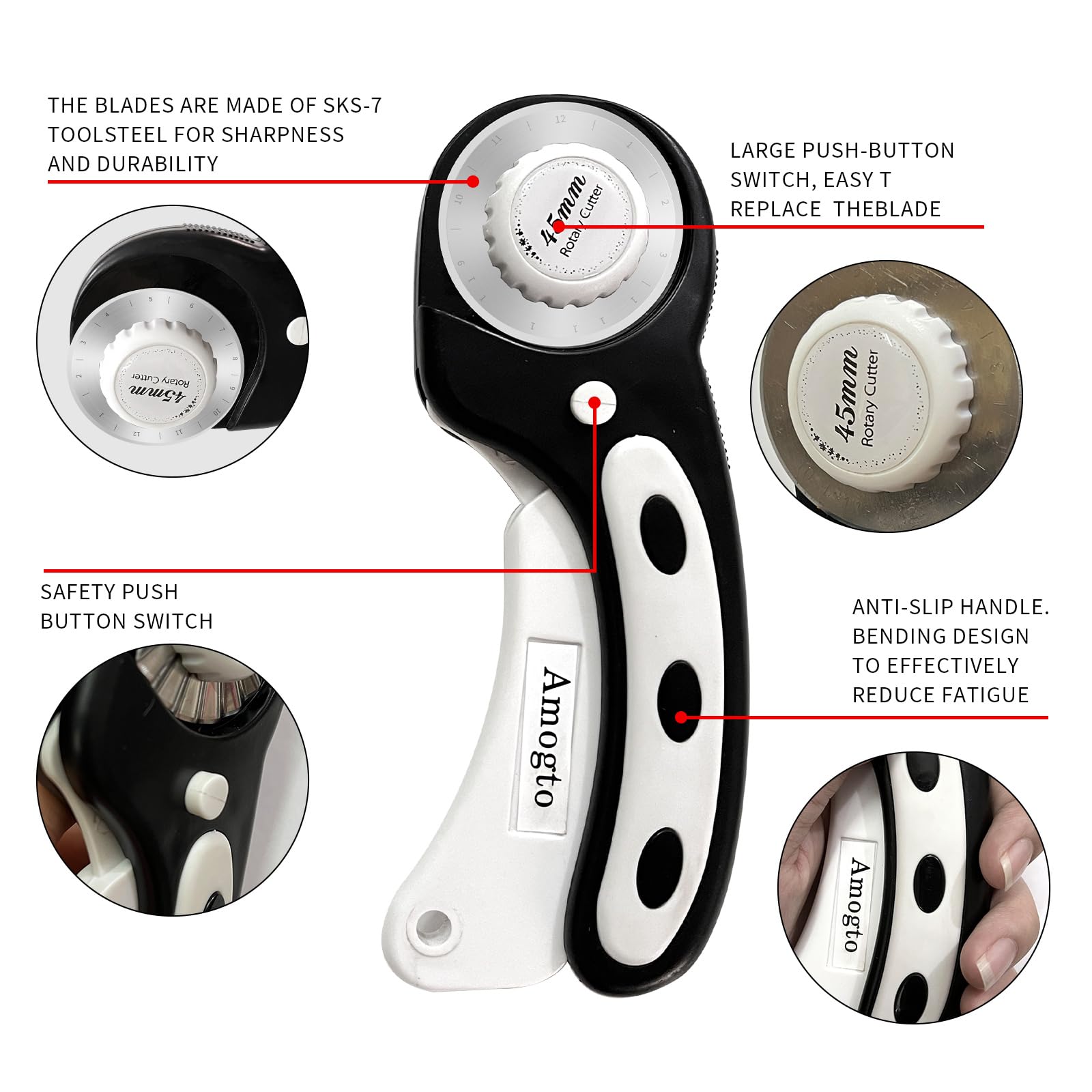 Amogto Rotary Cutter for Fabric, 45mm Fabric Cutter with 7pcs Rotary Cutter Blades, Ergonomic Quilting Supplies Tool for Leather, Crafting, Sewing, Quilting, Fabric Cutter Wheel for Left & Right Hand