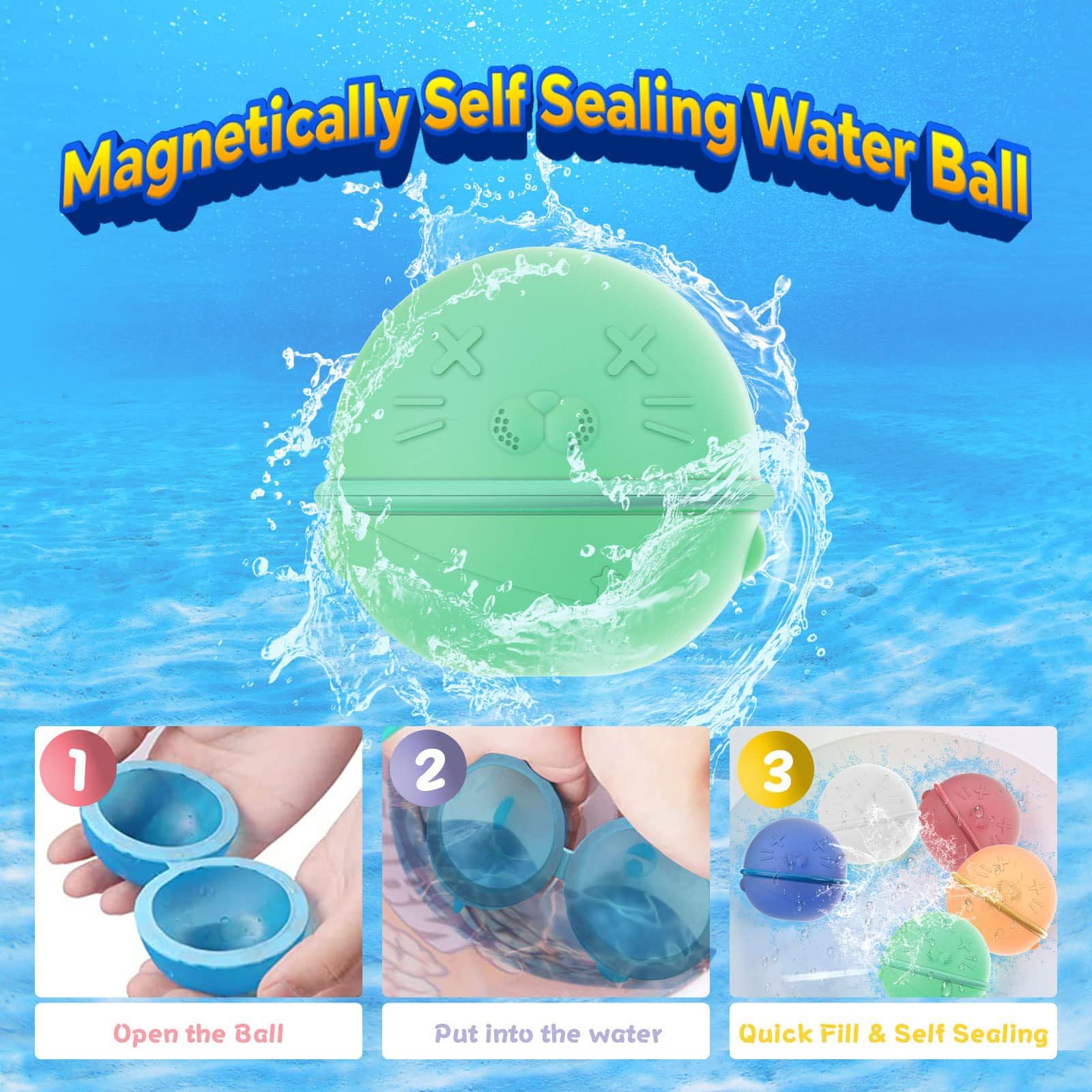 Azgoot Magnet Reusable Water Balloons,Magnetic Silicone Self-Sealing Quick Fill Splash Water Balls for Kids 3 Years and Up (5pcs)