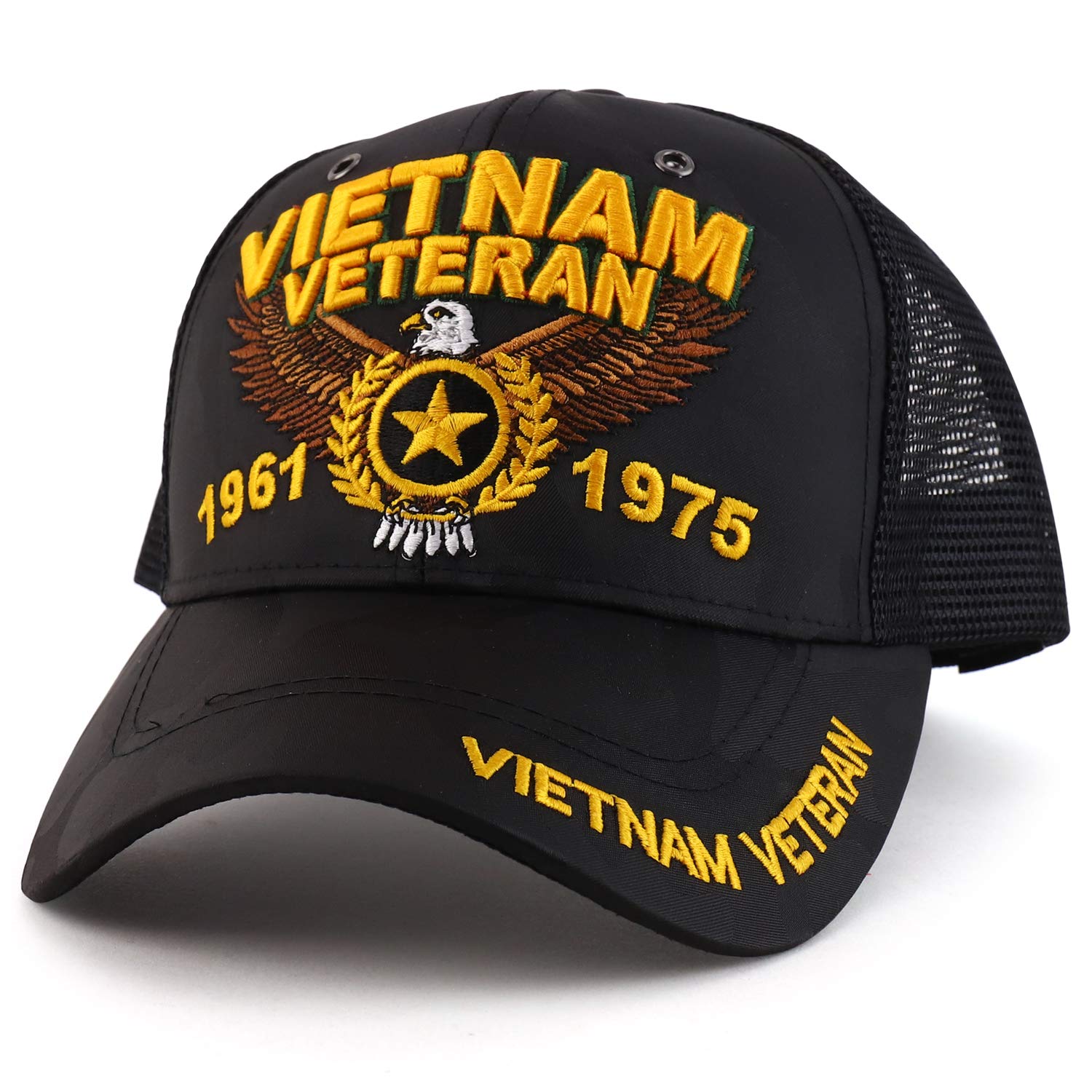 Armycrew Vietnam Veteran 1961 to 1975 Eagle Star Embroidered Baseball Cap - Black Camo Mesh