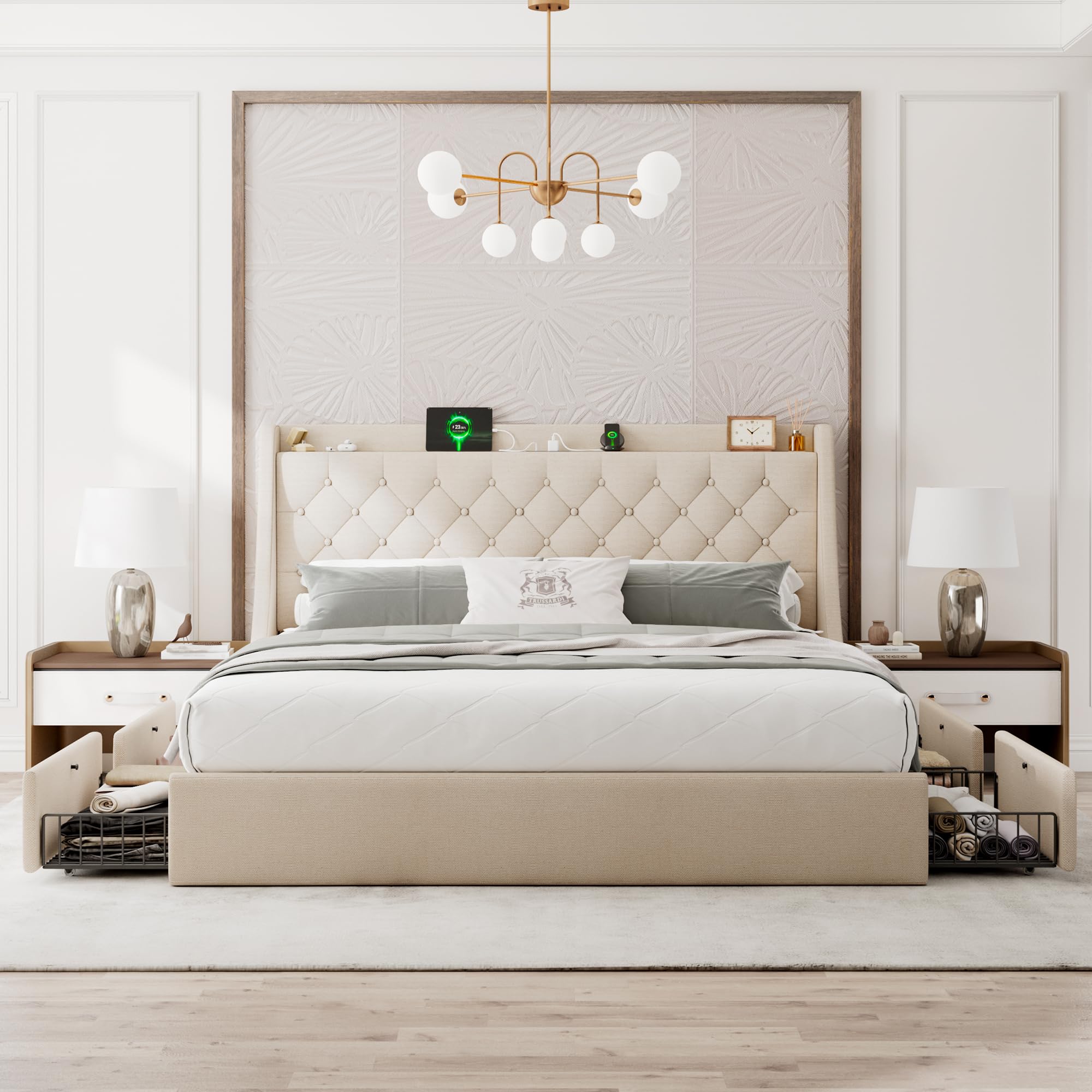 Einhomn Upholstered King Size Bed Frame with 4 Storage Drawers, Platform Bed Frame with Wingback Headboard, Charging Station, No Box Spring Needed, Beige