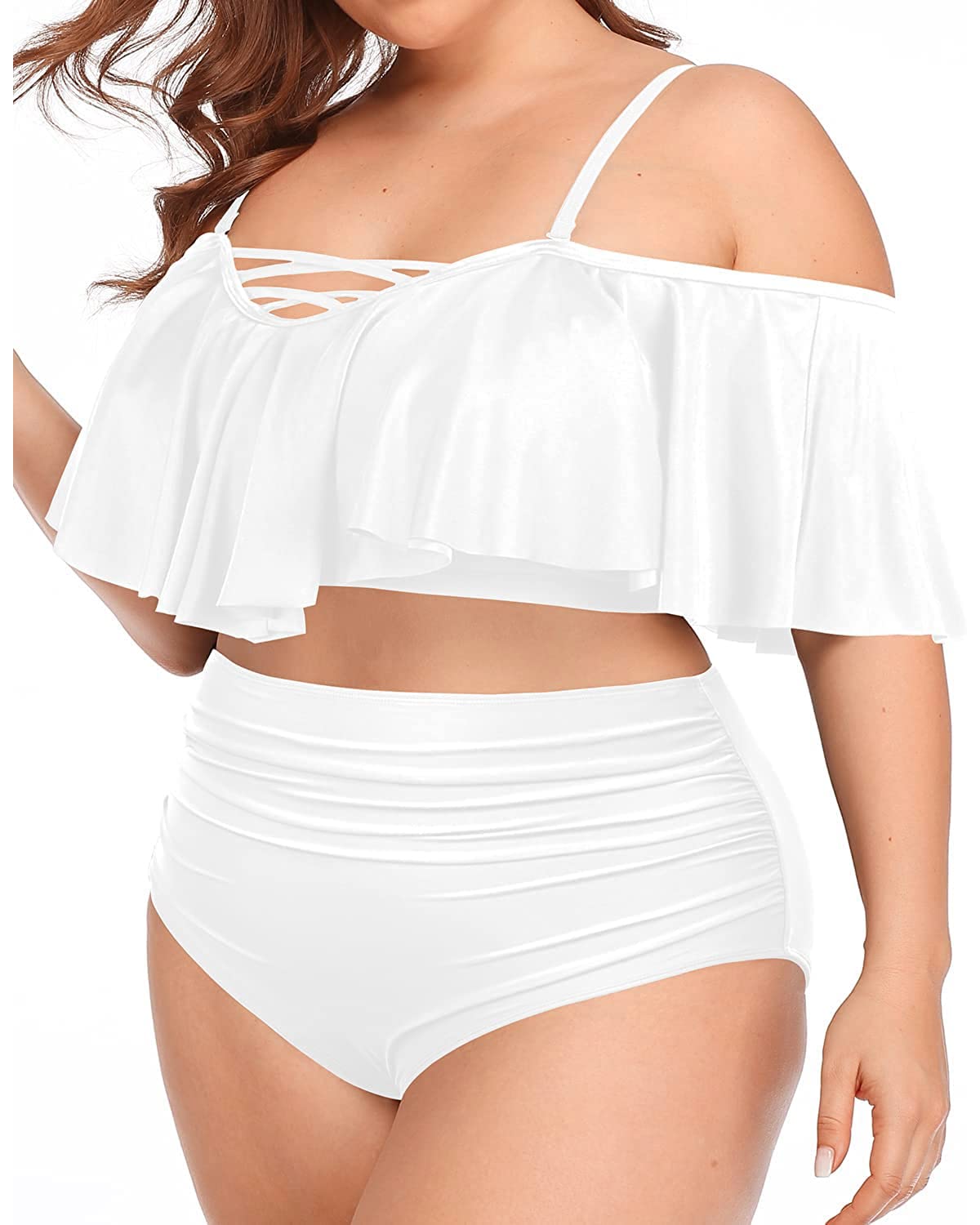 Aqua Eve Women's Plus Size 2 Piece Swimsuit Flounce Off Shoulder Bikini High Waisted Bathing Suits Purple 24W
