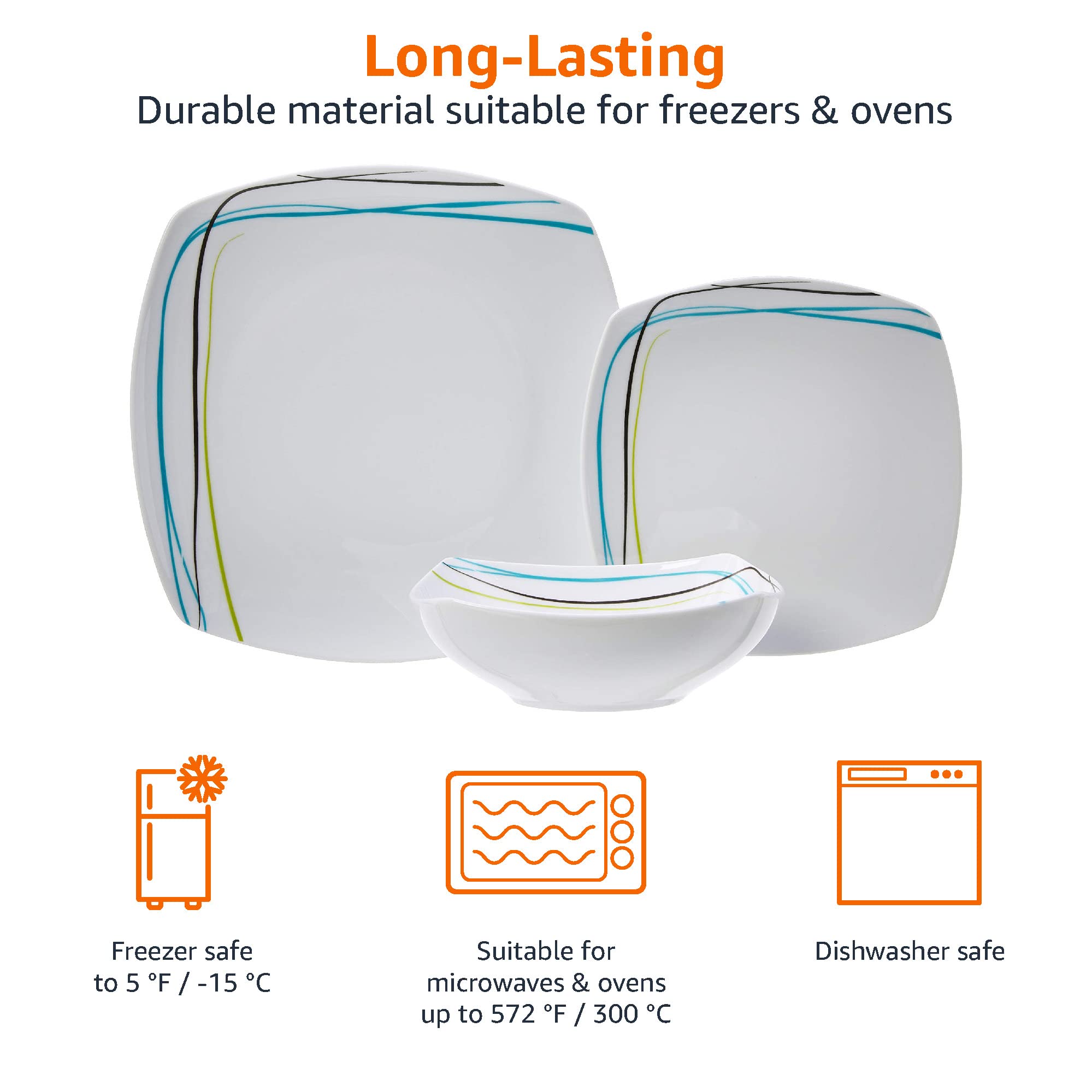 Amazon Basics 18-Piece Kitchen Dinnerware Set - Square Plates, Bowls, Service for 6 - Gray Soft Lines