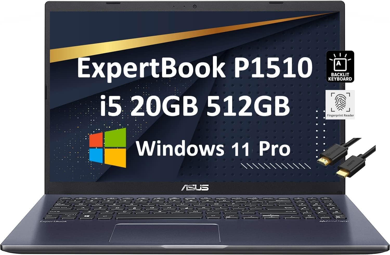 ASUS ExpertBook P1 P1510 15.6" FHD (Intel 4-Core i5-1035G1, 20GB RAM, 512GB PCIe SSD, Full HD IPS) Business Laptop, Backlit Keyboard, Fingerprint Reader, Type-C, Win 11 Pro, Aluminum Blue
