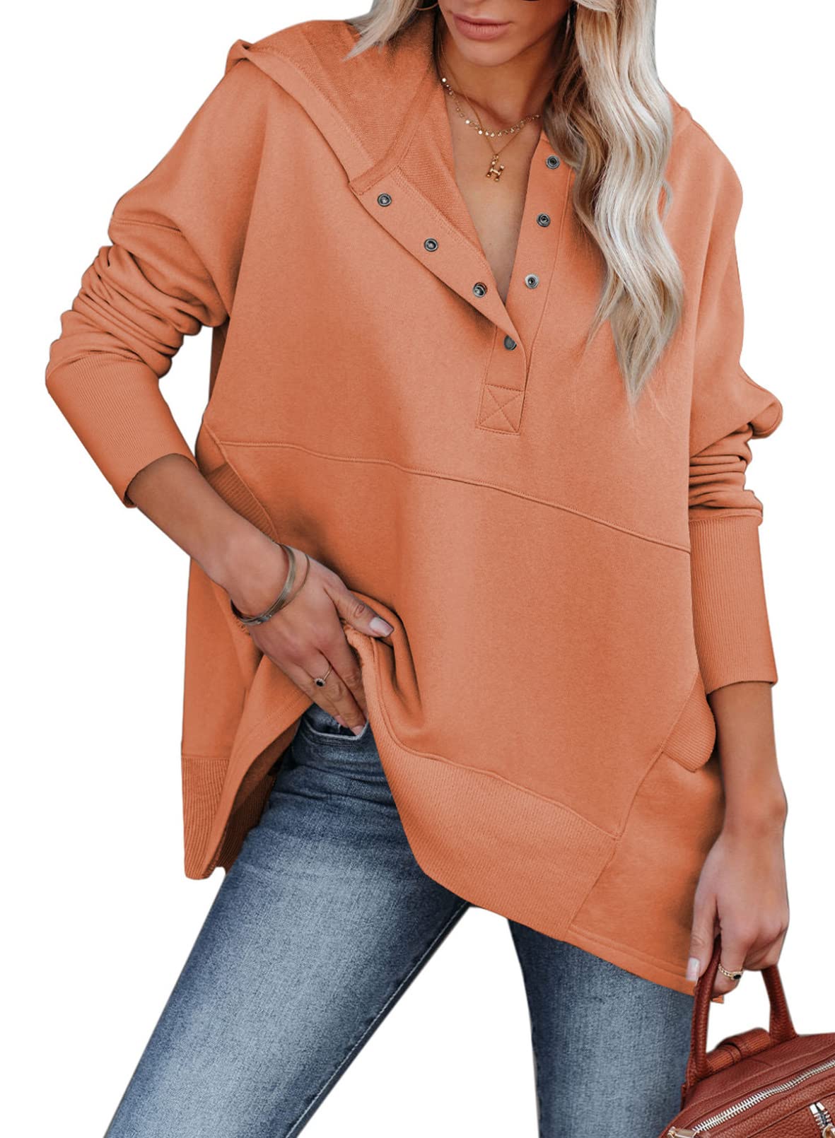 Astylish Women Fashion 2022 Hooded Sweatshirt Oversized Fall Henley Hoodies Sweatshirts Pullover Orange Medium
