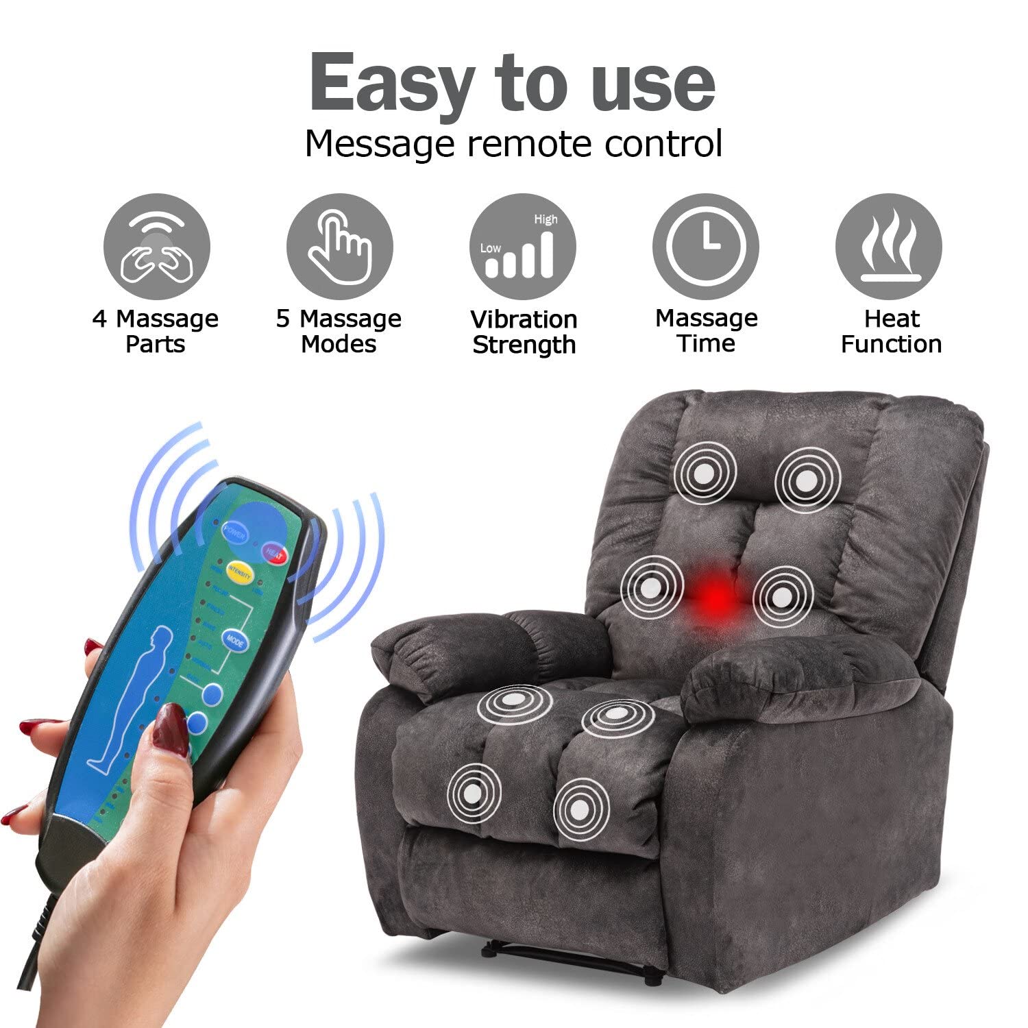 ANJHOME Overstuffed Massage Recliner with Heat and Vibration, Soft Fabric Manual Reclining Chairs with Side Pocket for Living Room (Gray)
