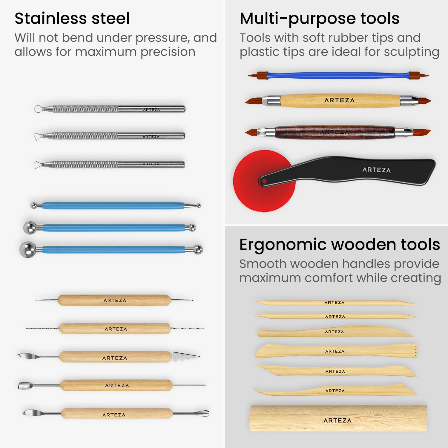 ARTEZA Pottery Tools & Clay Sculpting Tools, Set of 22 Pieces in PET Storage Tube, for Clay, Pottery, Ceramics Artwork & Holiday Crafts
