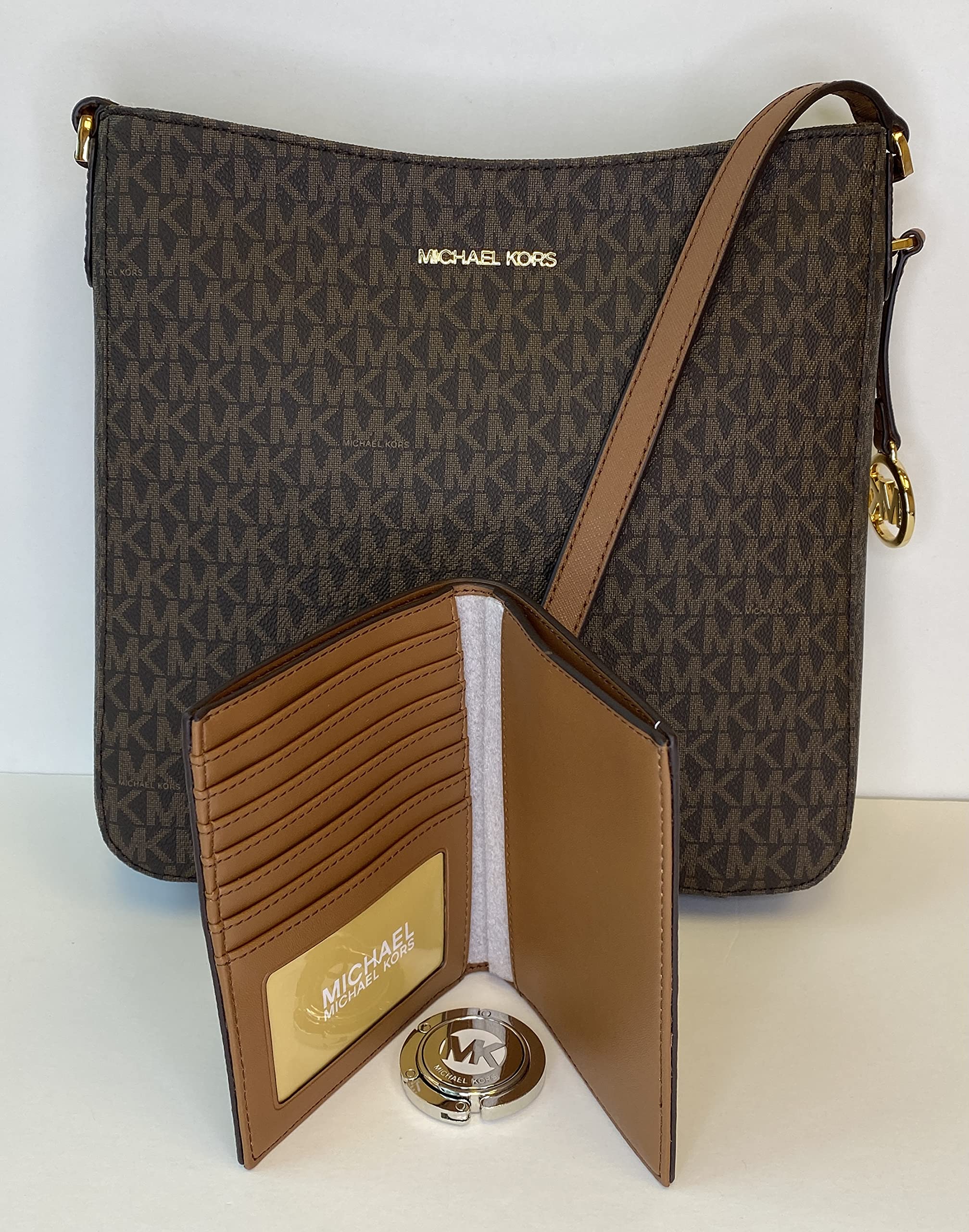 Michael Kors MICHAEL Michael Kors Jet Set Travel Large Messenger Crossbody bundle with Passport Case Purse Hook (Signature MK Brown)