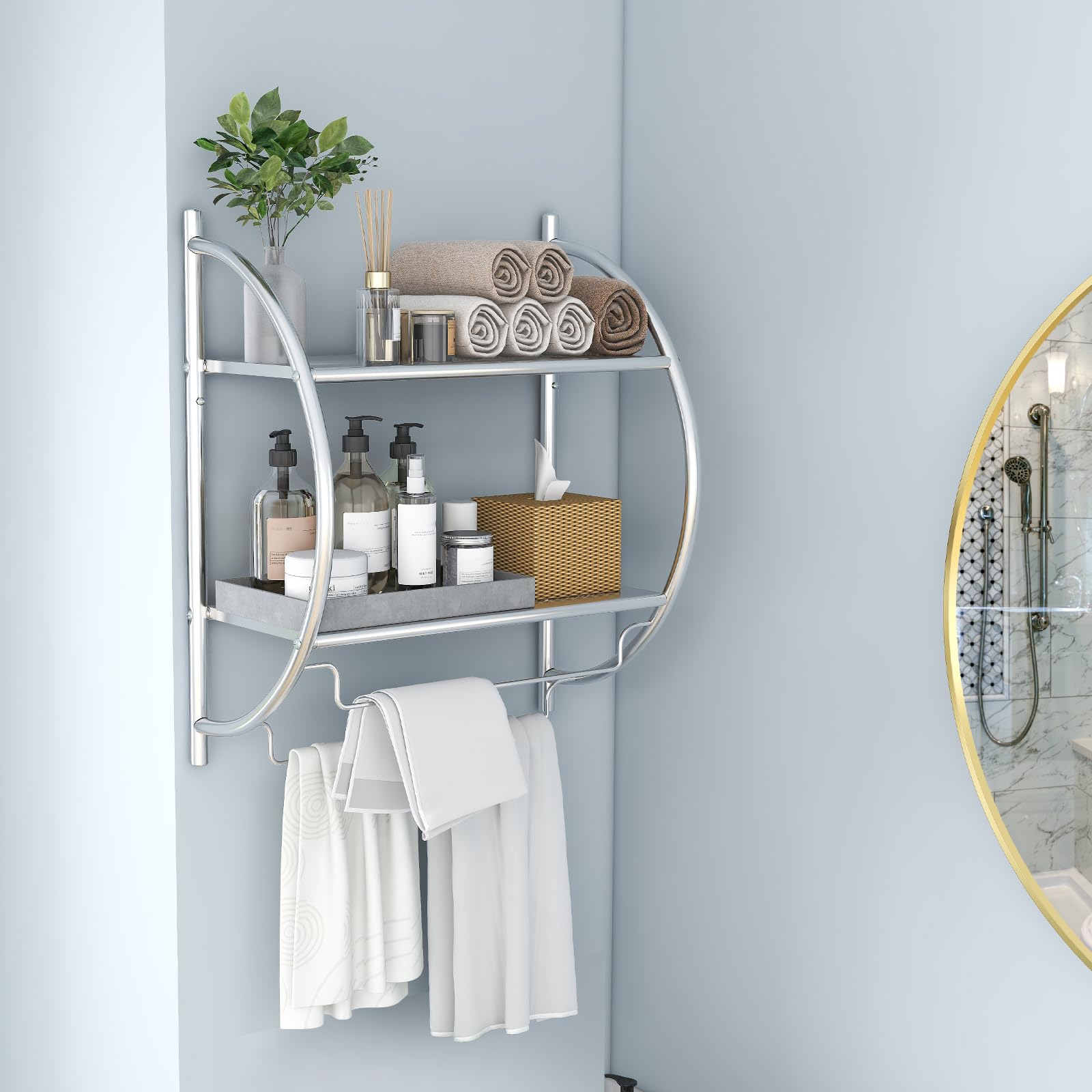 Giantex Bathroom Shelf with Towel Rack - 2 Tier Rustproof Over The Toilet Storage Shelf with Double Towel Bars, 18" W X 10" D X 22" H, Wall Mount Chrome Towel Holder for Living Room, Kitchen (Silver)